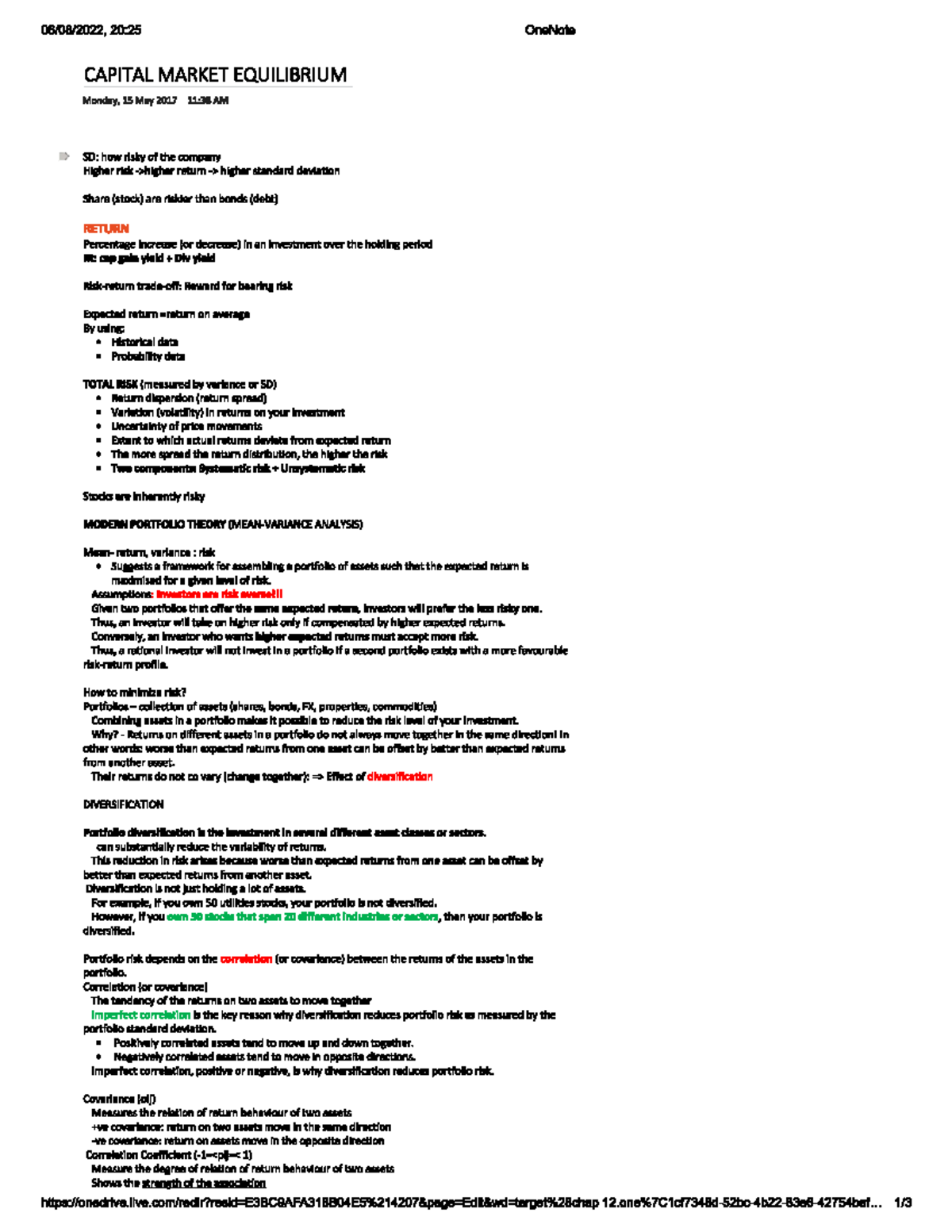 FIN241 Week 12 PART 1 Capital Market Equilibrium - Lecture NOTE Summary ...
