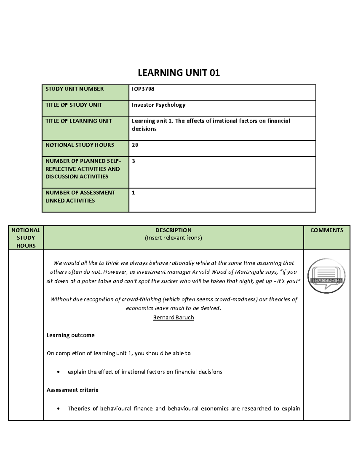 IOP3708 B0 LS05 Lesson 1 - LEARNING UNIT 01 STUDY UNIT NUMBER IOP TITLE OF STUDY UNIT Investor ...