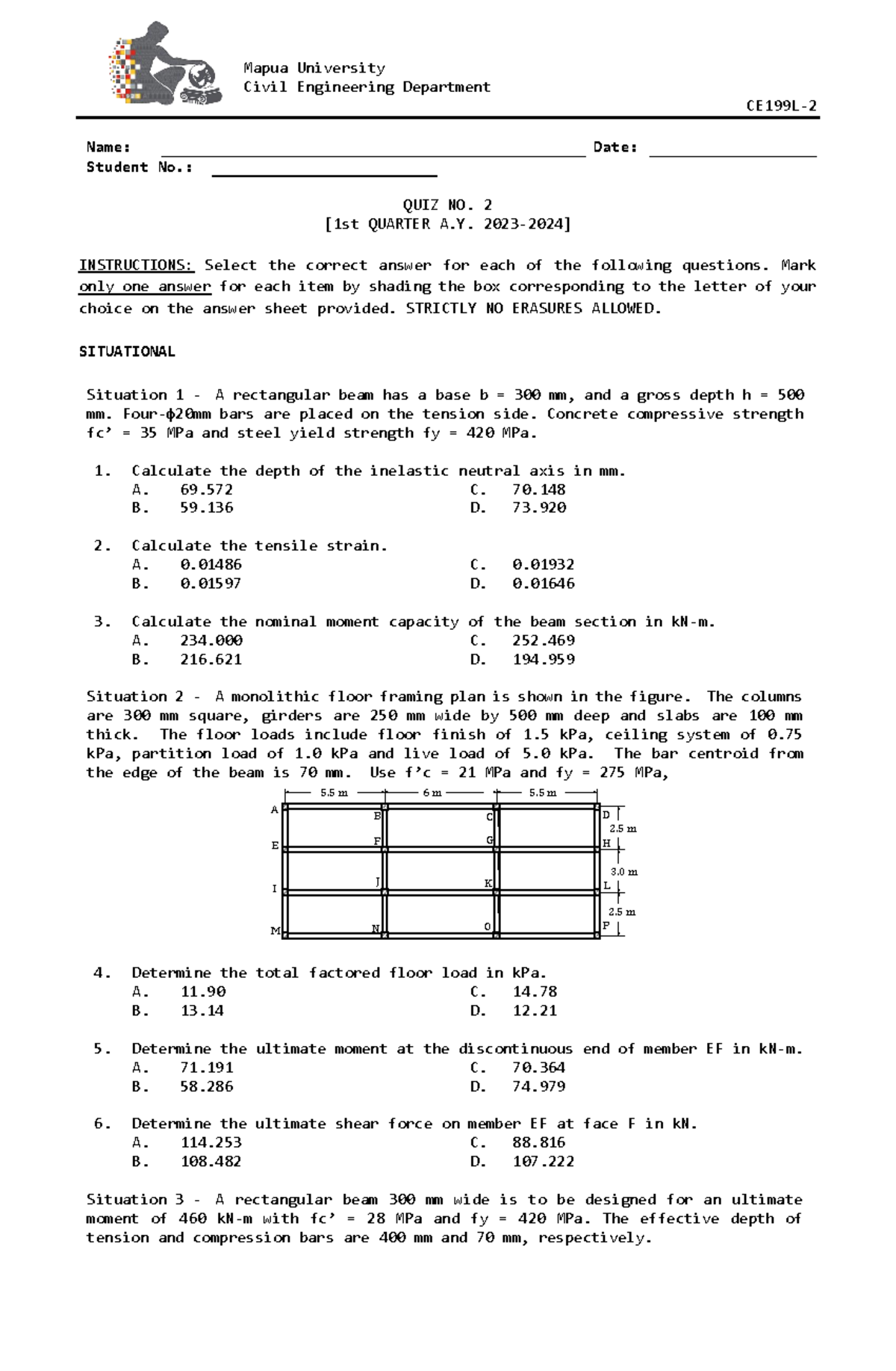 1Q2324 C2 Quiz # 2 - blablah - Civil Engineering Department CE199L- 2 ...