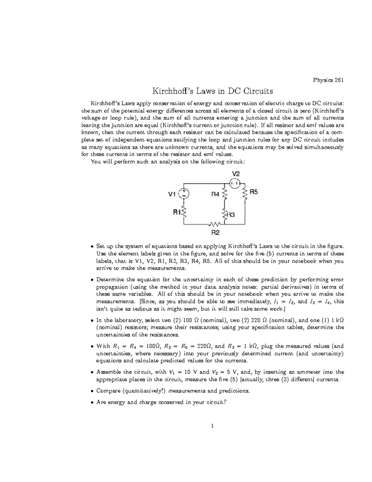 Write-ups and Instructions - Physics 261 Kirchhoff’s Laws in DC ...