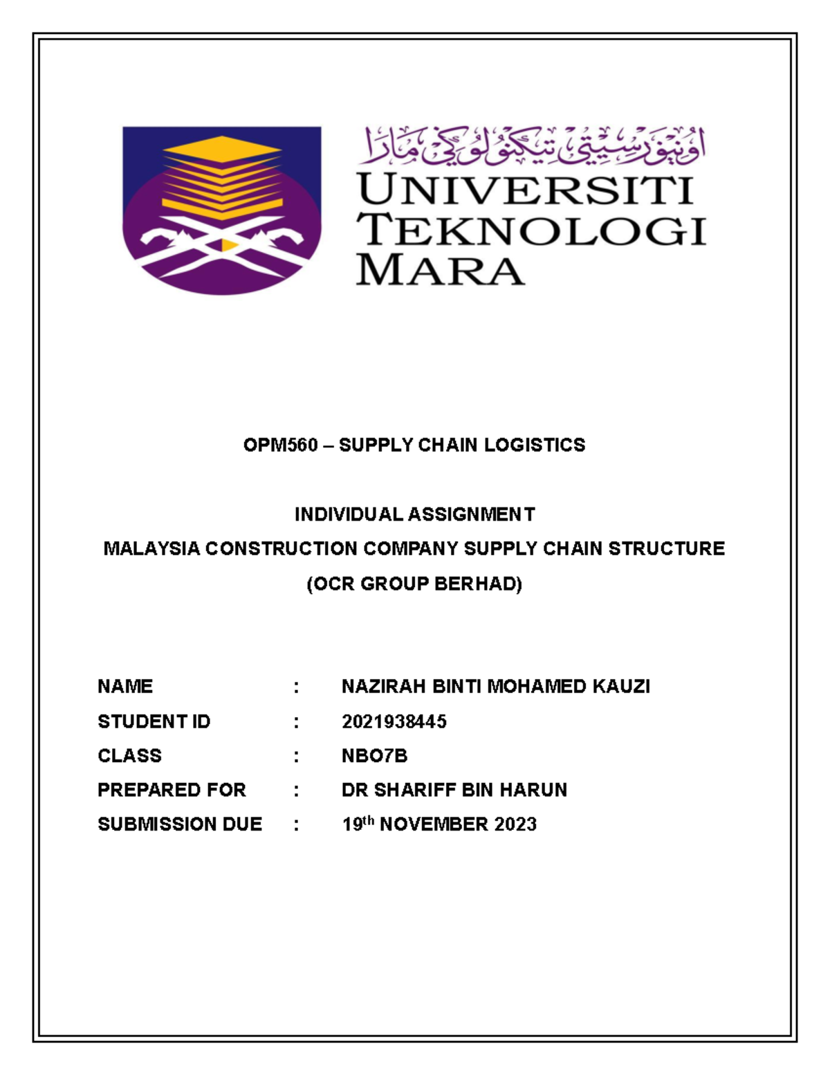 Individual Assigment 1 - Construction Supply Chain - OPM560 – SUPPLY ...
