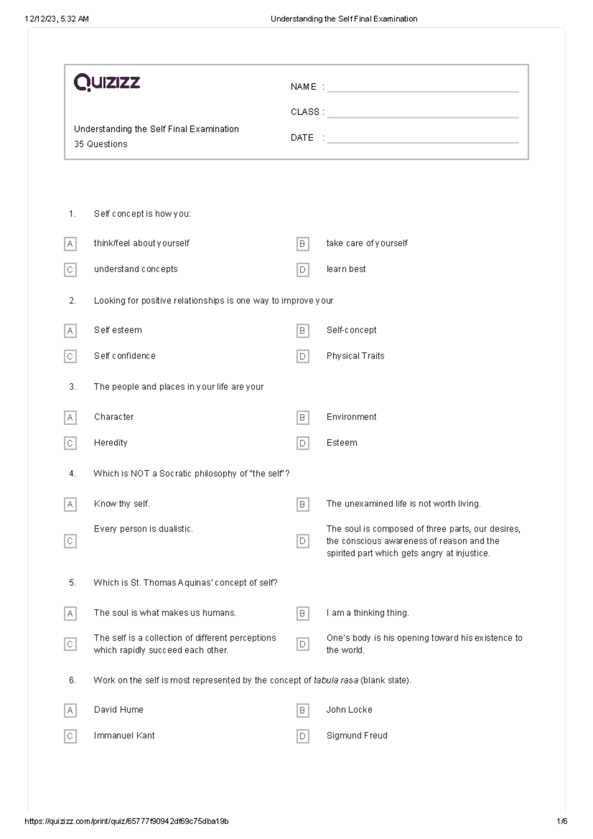 Understanding the Self Final Examination - Self concept is how you: A ...