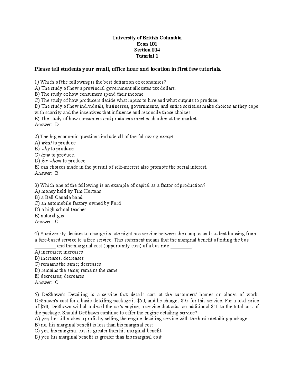 Tutorial 1 Answers - University of British Columbia Econ 101 Section ...