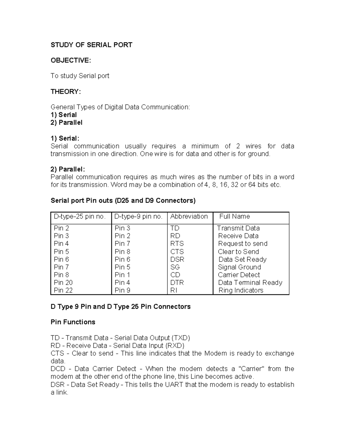 DCT-03 EXP-01-DB9- Connector - STUDY OF SERIAL PORT OBJECTIVE: To study ...