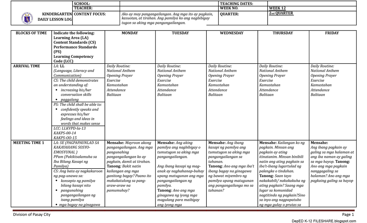 Kinder DLL week 12 - Lesson plan - SCHOOL: TEACHING DATES: TEACHER ...