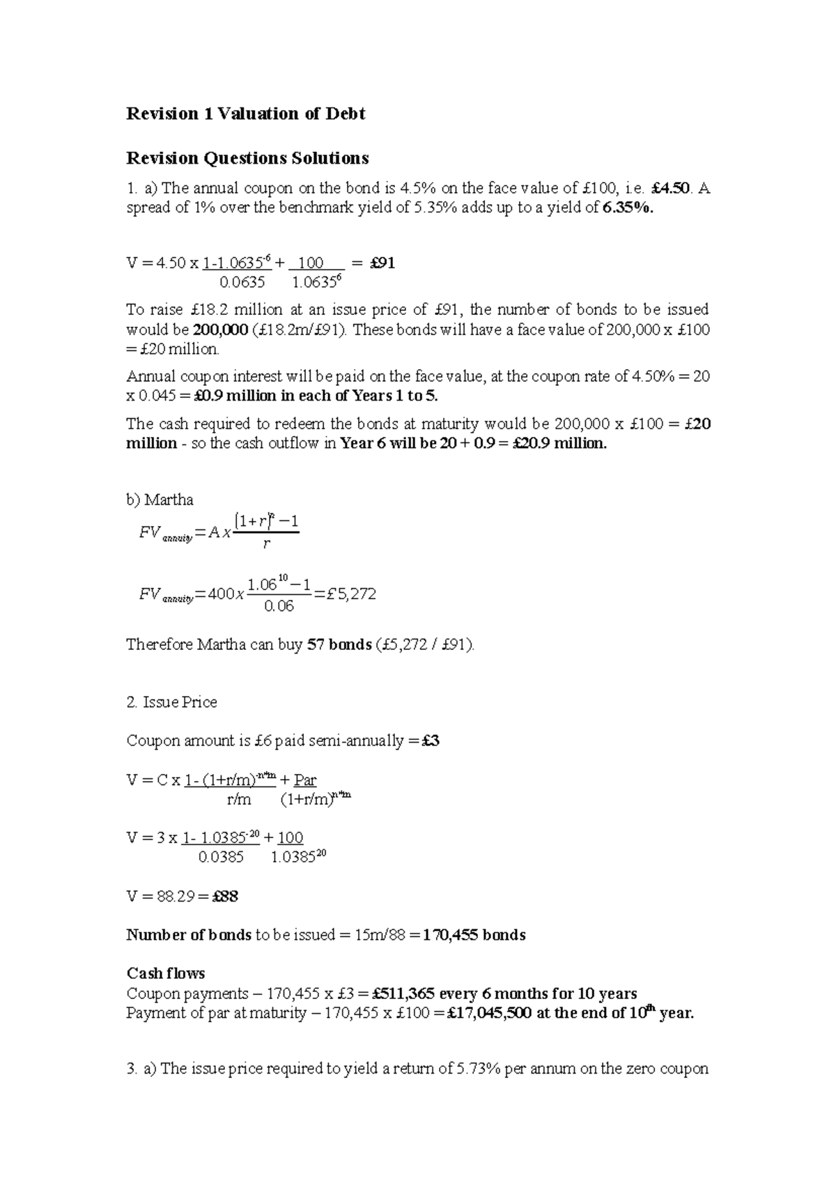 Revision 1 Solutions - Valuation of Debt - Revision 1 Valuation of Debt ...