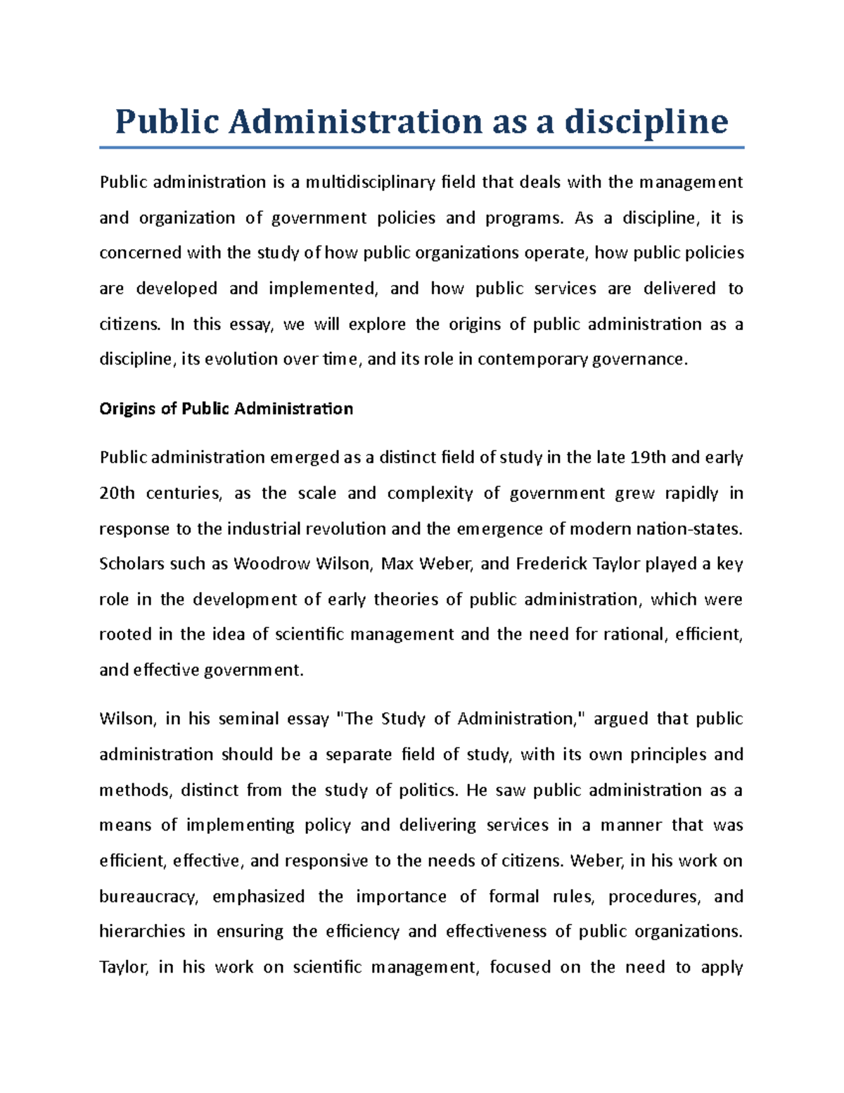 Public Administration as a discipline - As a discipline, it is ...