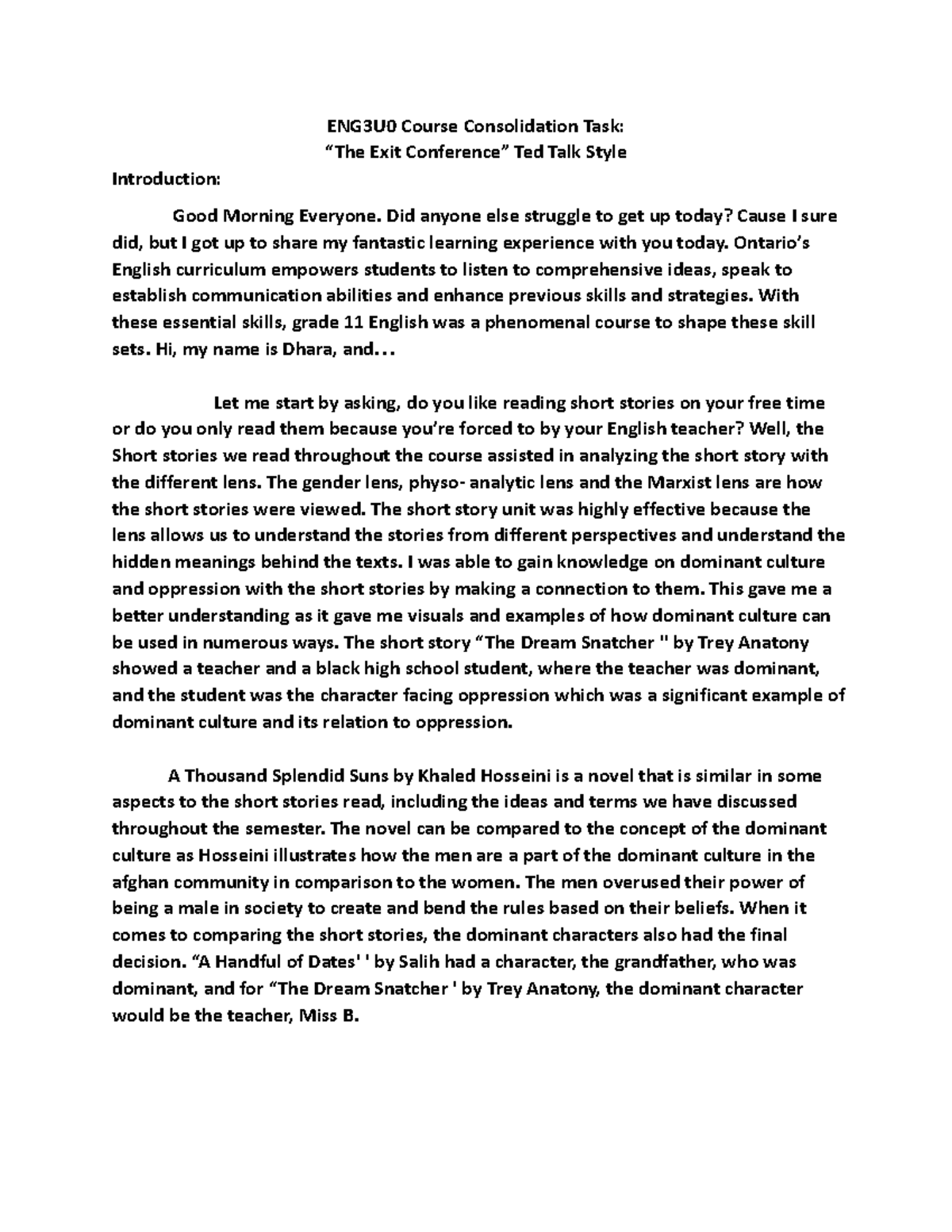 Final Ted Talk Script - I don't know tbh - ENG3U0 Course Consolidation ...