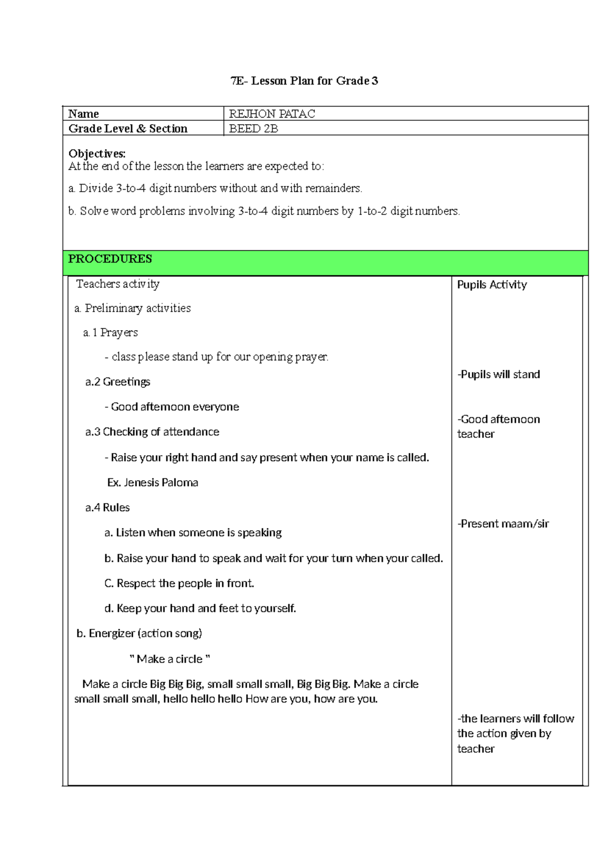 Math lesson plan abordo - 7E- Lesson Plan for Grade 3 Name REJHON PATAC ...