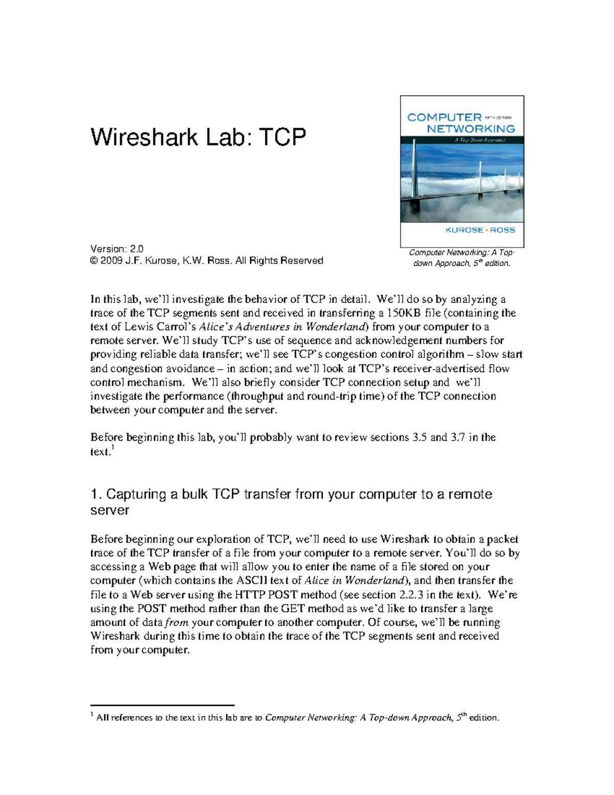 Wireshark Tcp Tcp Wireshark Lab Tcp Version 2 © 2009 J Kurose