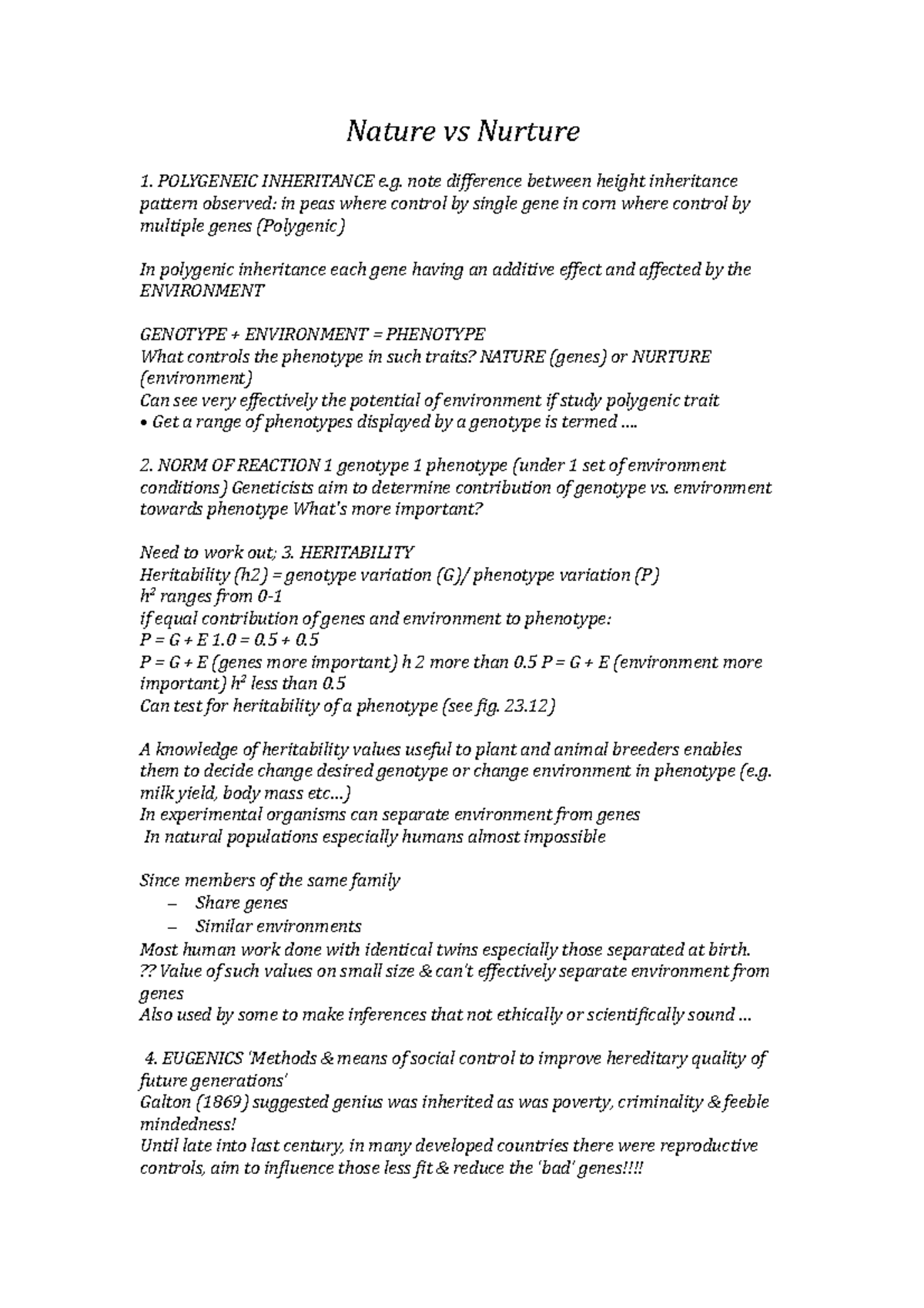 Nature vs Nurture - Lecture notes Semester 2 First Year - Nature vs ...