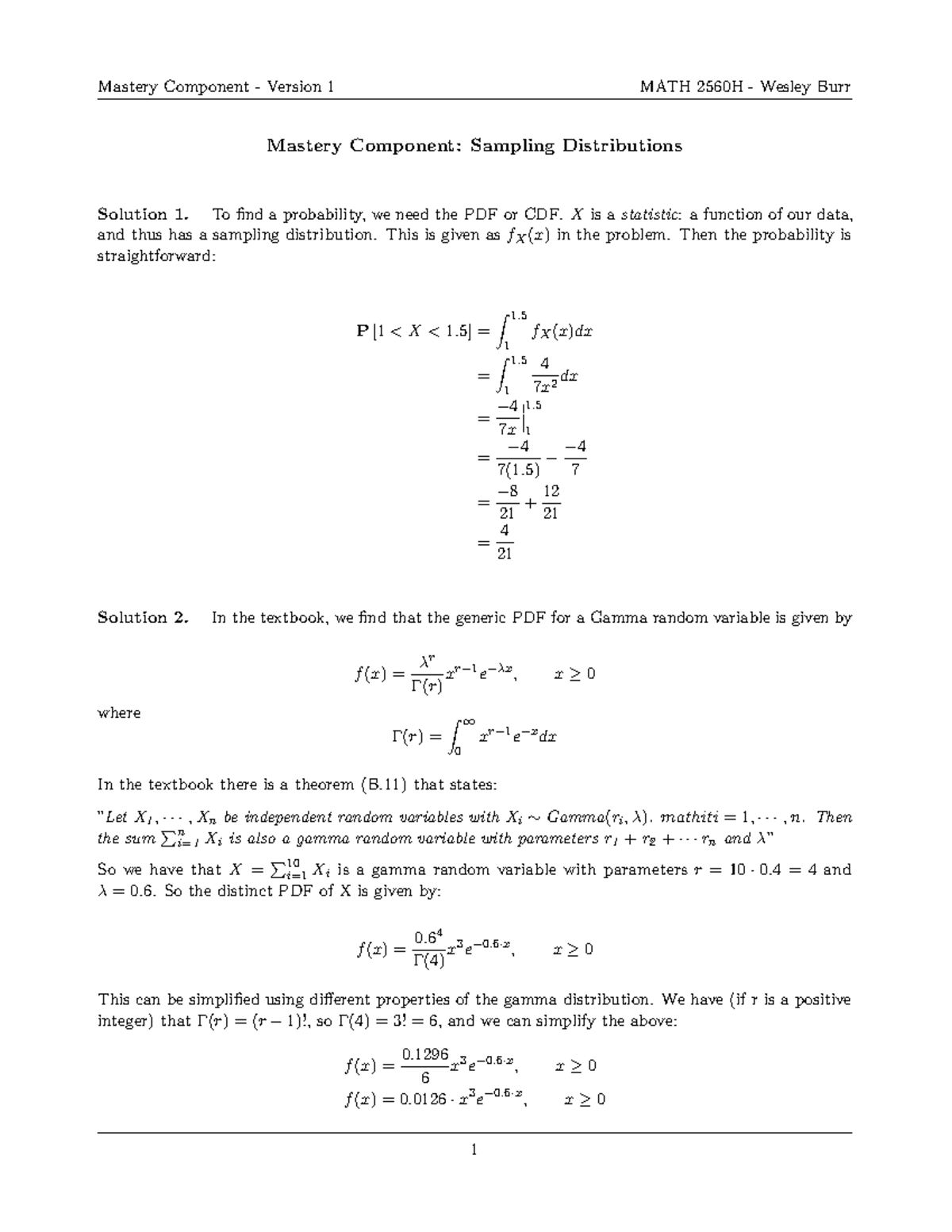 Samp Distributions V1 sol - Mastery Component: Sampling Distributions Solution 1. To find a ...