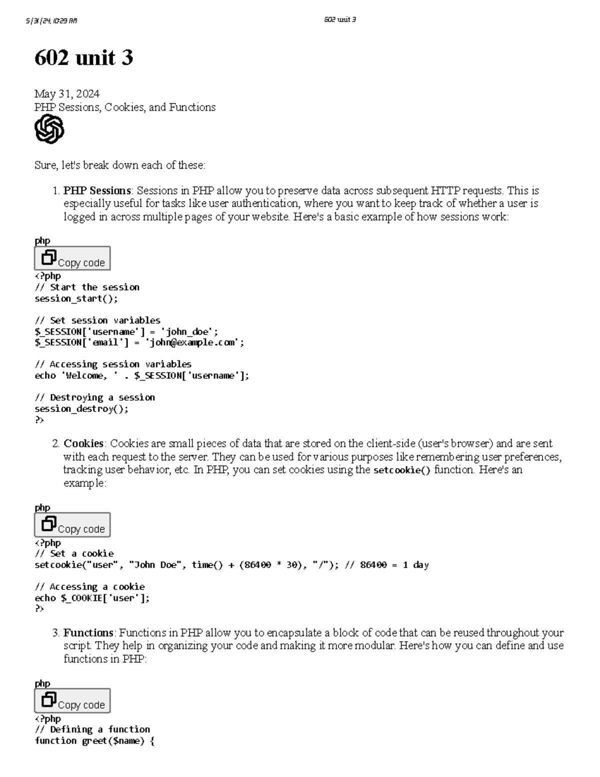 602 unit 3 - New - 602 unit 3 May 31, 2024 PHP Sessions, Cookies, and Functions Sure, let's ...