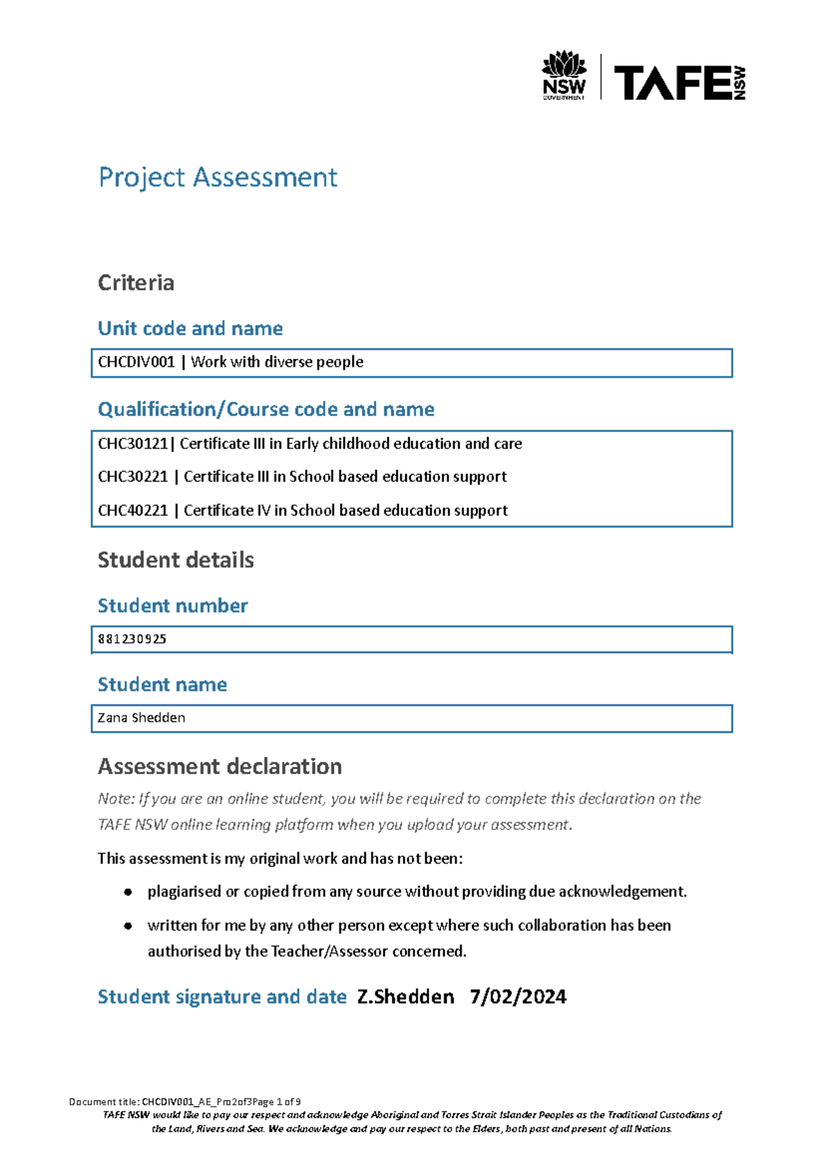 Chcdiv 001 Zana Shedden Pro2of3 - Project Assessment Criteria Unit code ...