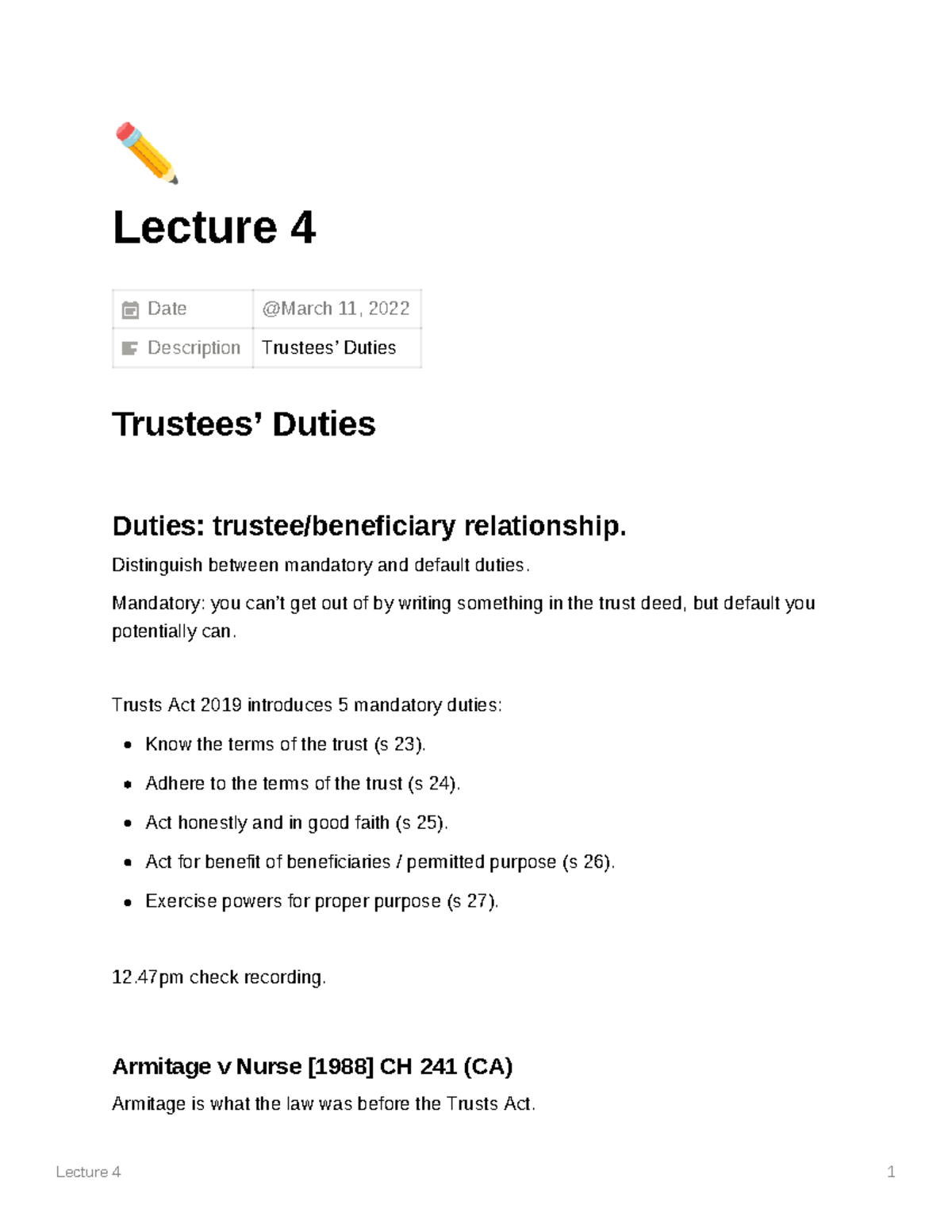 Lecture 4 summary - Lecture 4 Date Description Trustees’ Duties Trustees’ Duties Duties: - Studocu