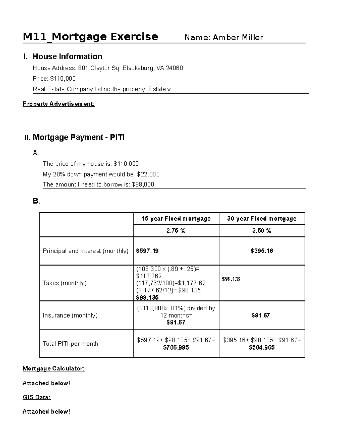 M11 Mortgage Exercise - Assignment - M11_Mortgage Exercise Name: Amber Miller I. House ...