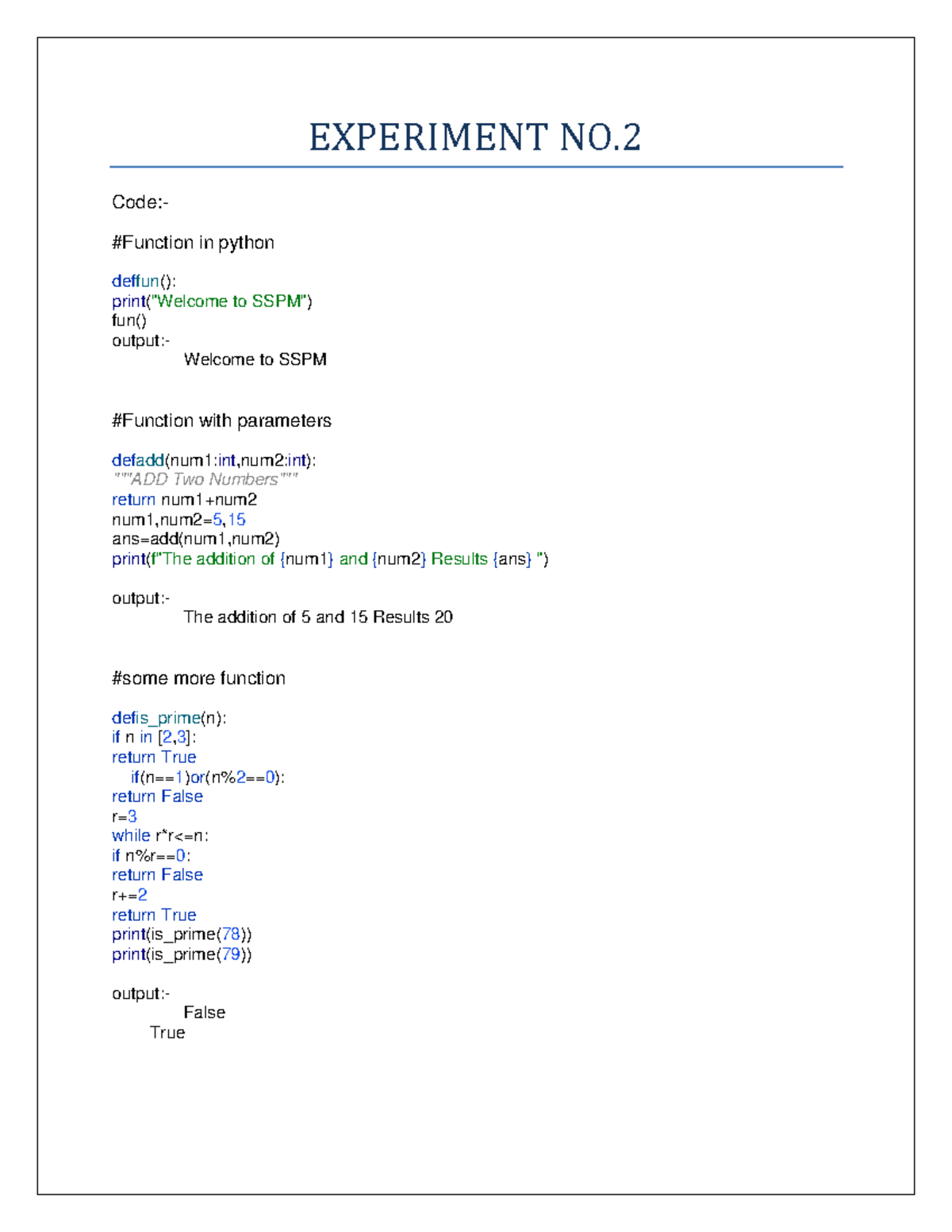 Exp2 - Summary Image Processing - EXPERIMENT NO. Code:- #Function in python deffun(): - Studocu