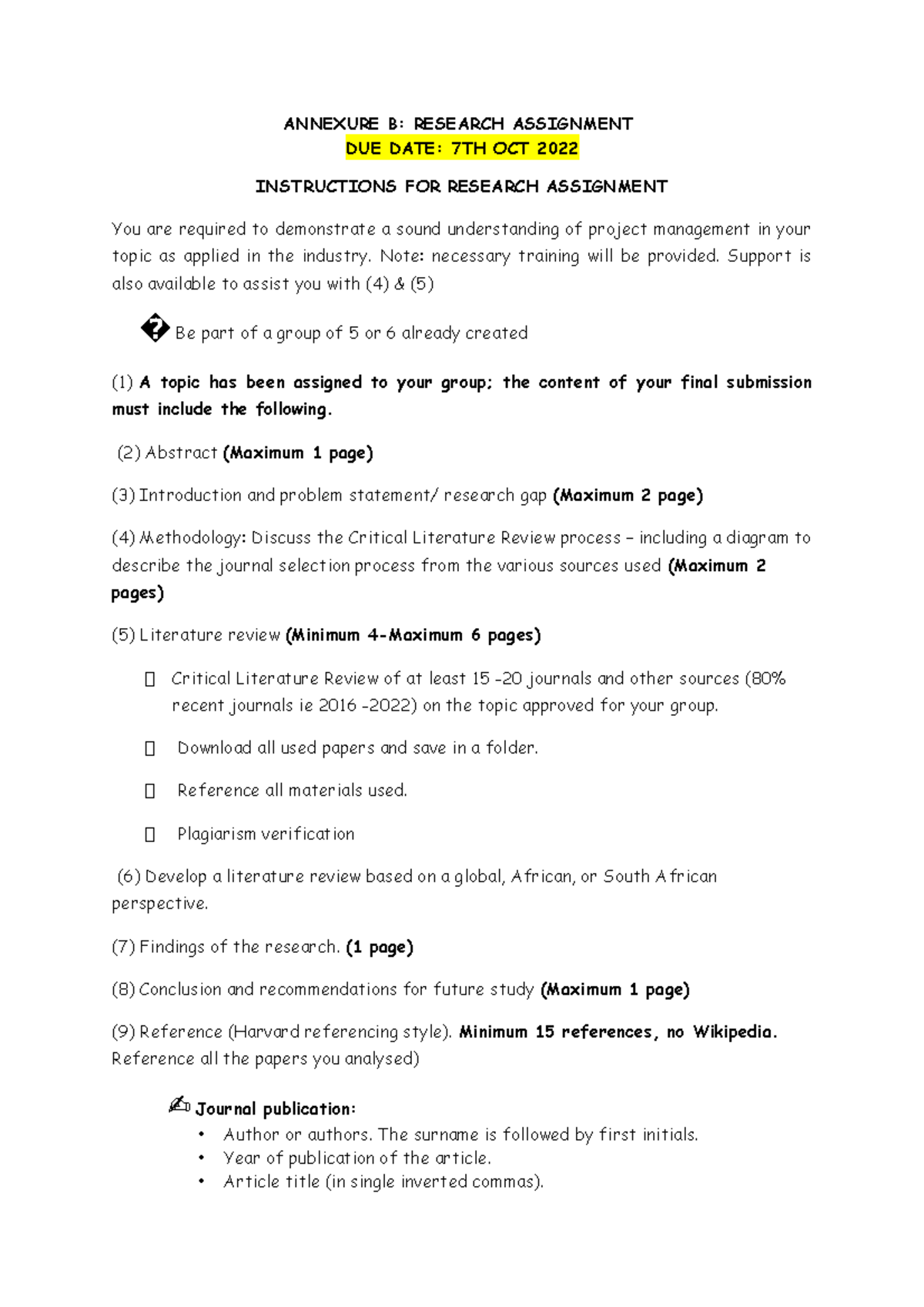 Instructions for the research assignment - ANNEXURE B: RESEARCH ...
