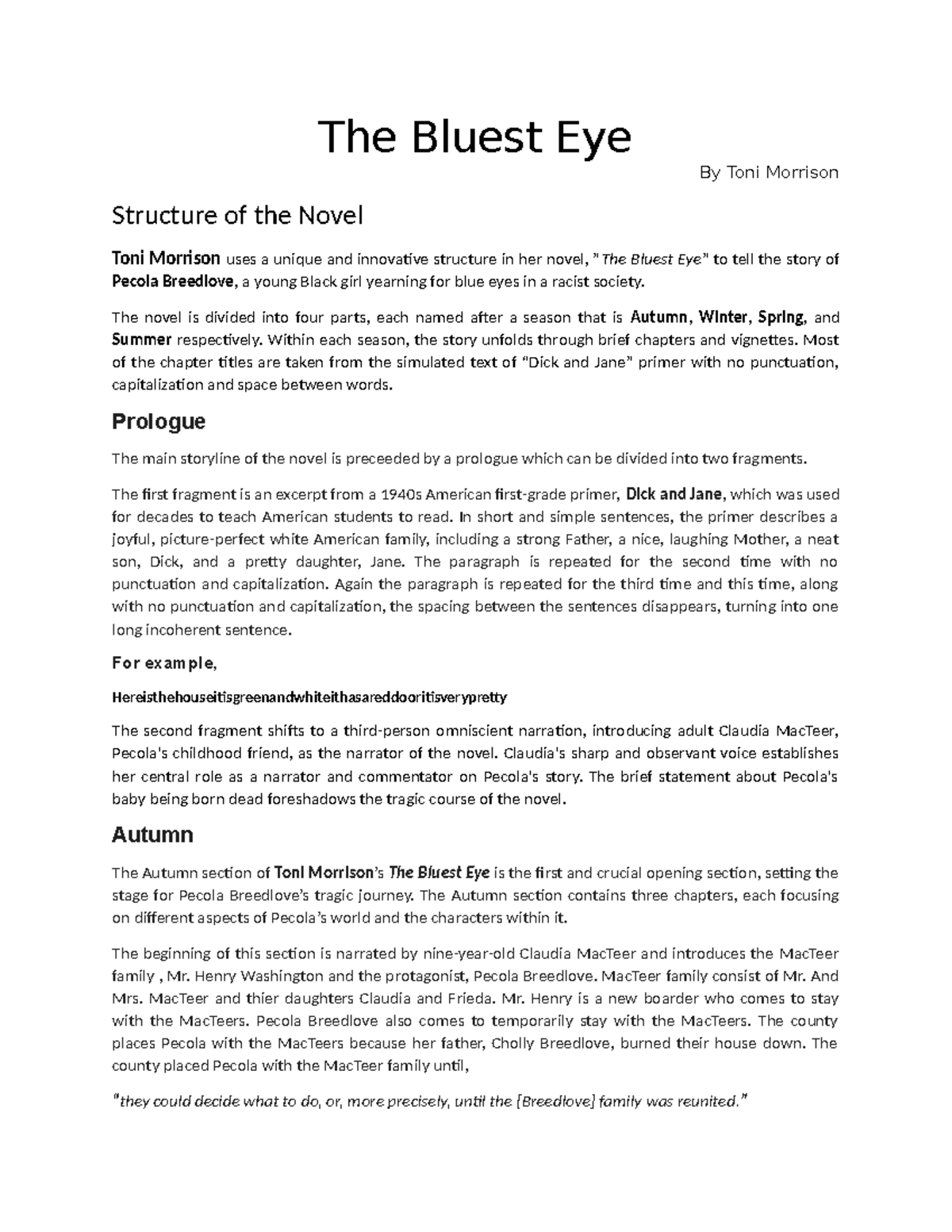 The Bluest Eye ( structure of the novel ) - The Bluest Eye By Toni ...