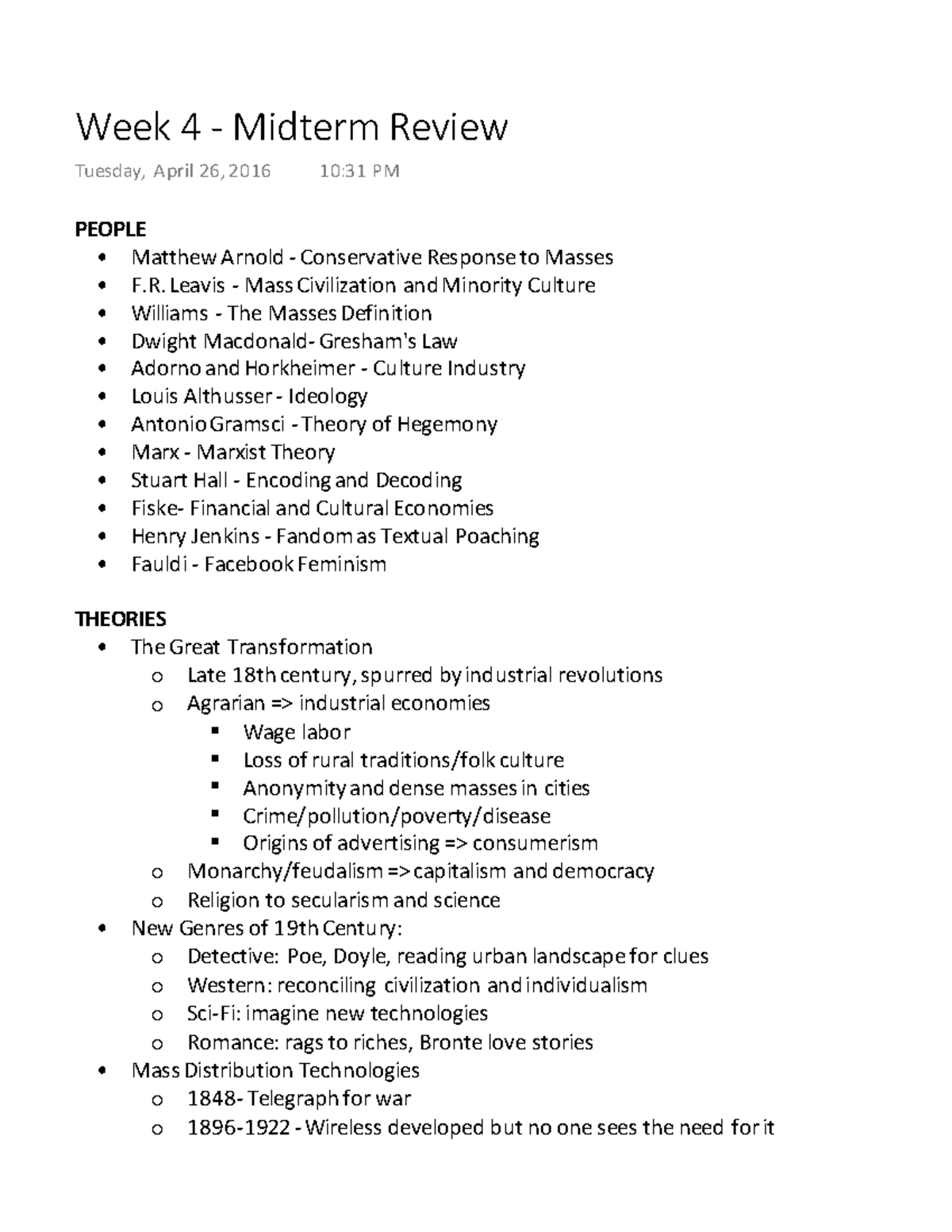 Summary - Midterm exam review guide - Week 4 Midterm Review Tuesday ...