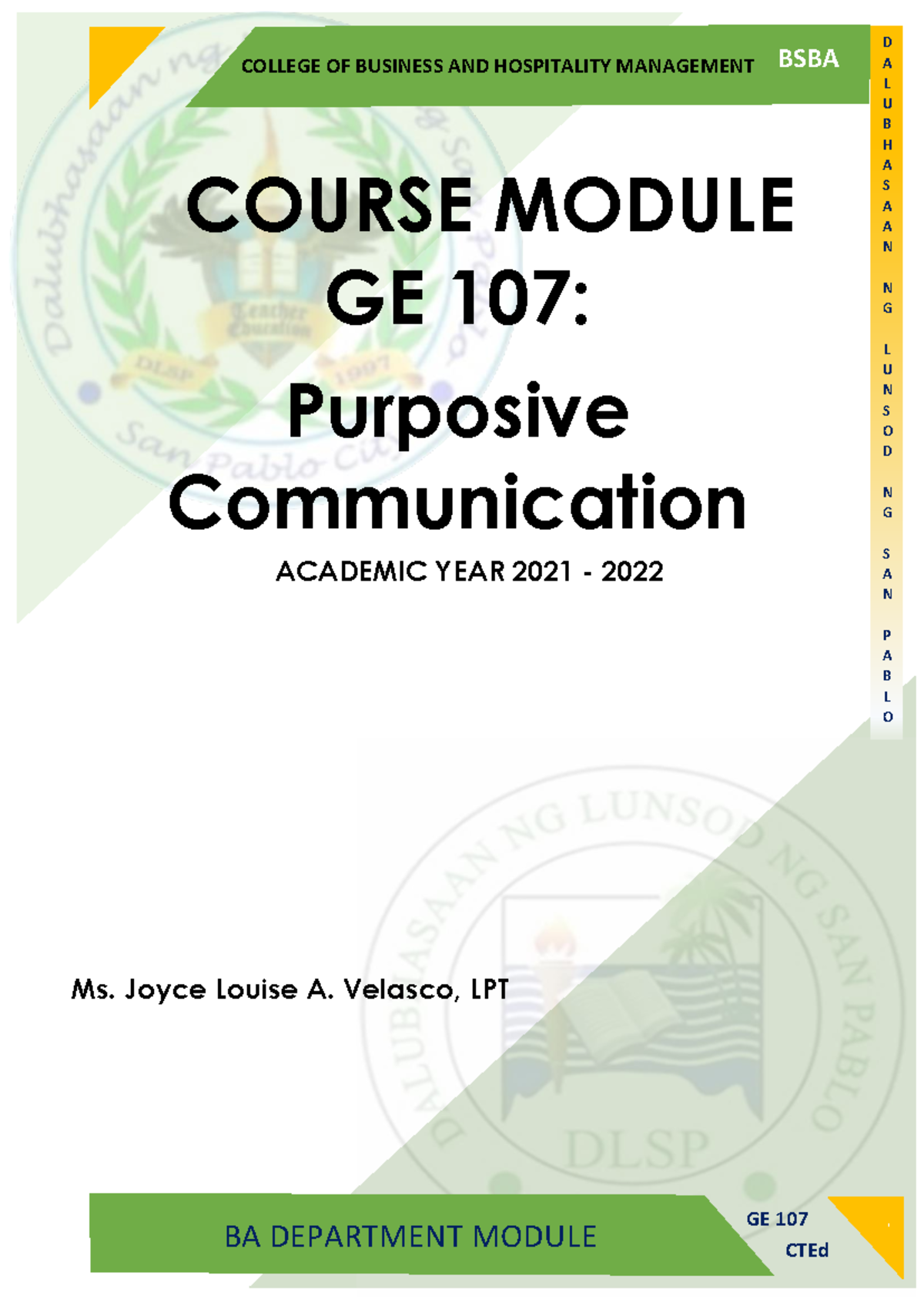 Module-1 GE-107.BA - Summary "Bachelor of Secondary Education Major in ...