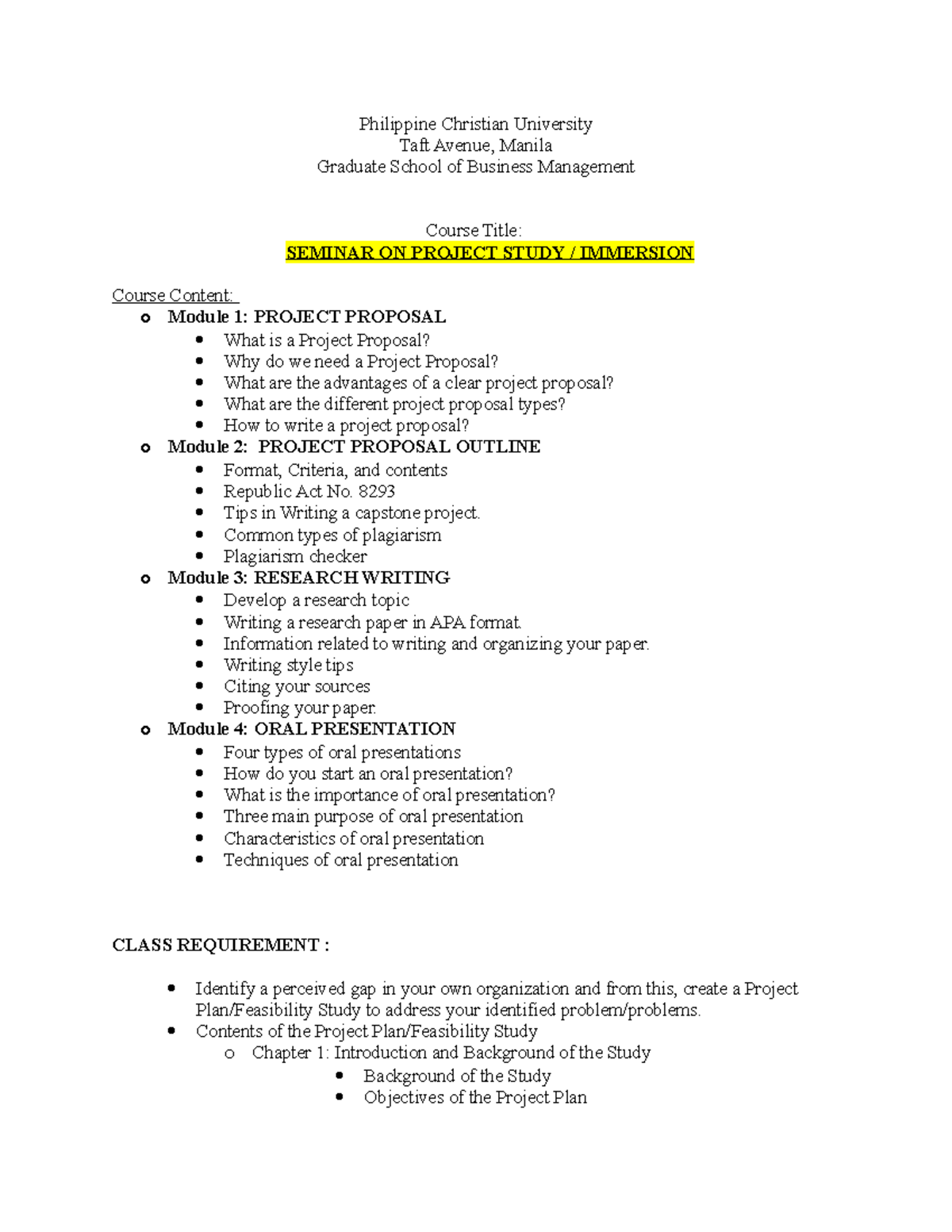 1 Seminar ON Project Study - Philippine Christian University Taft ...