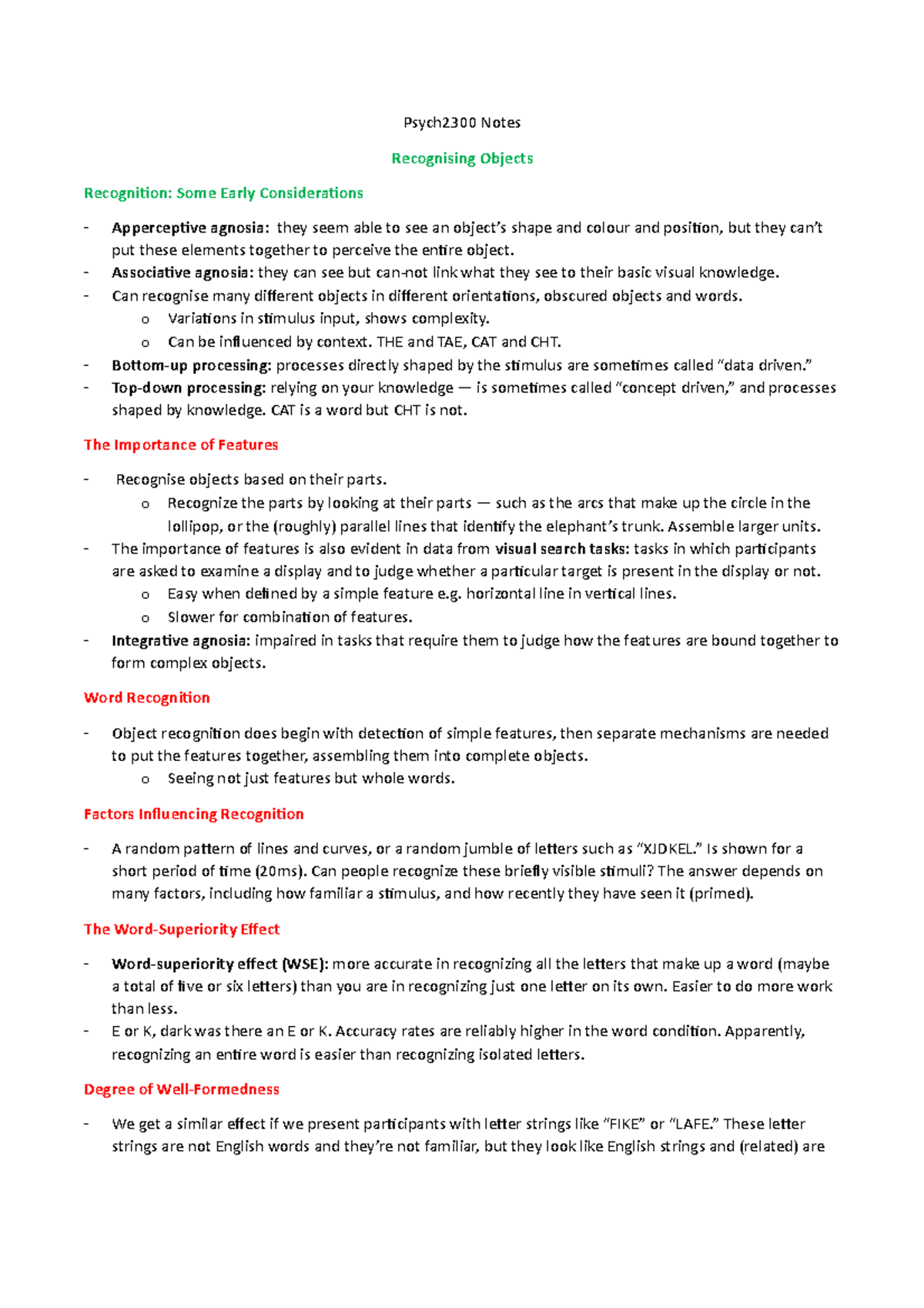 Text Book Recognising Objects - Psych2300 Notes Recognising Objects ...