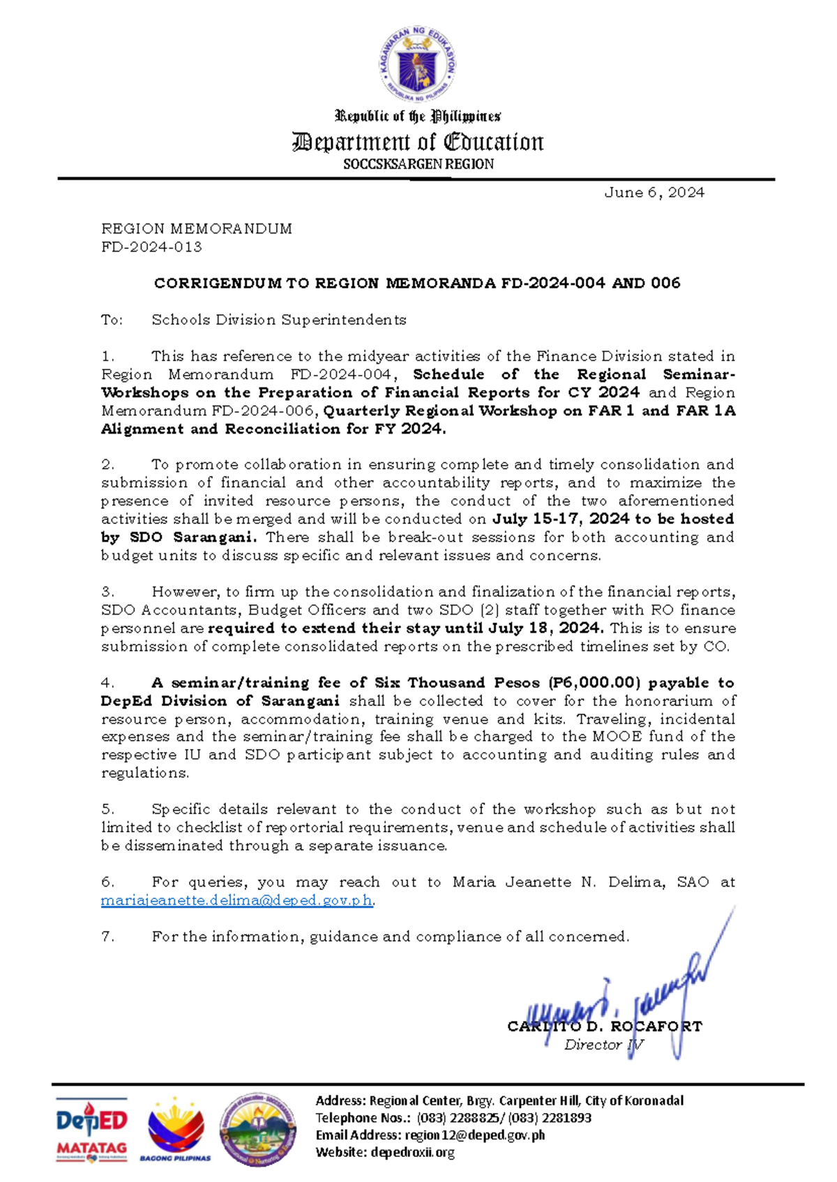 Region Memorandum FD 2024 013 Corrigendum TO Region Memoranda FD 2024 ...