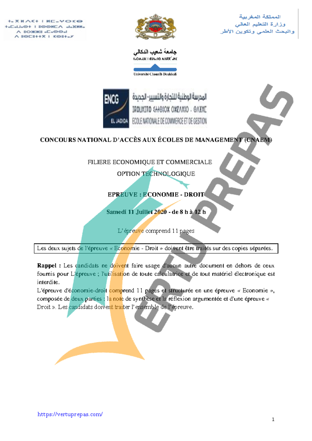Cnaem-2020 - pour prépas - CONCOURS NATIONAL D’ACCÈS AUX ÉCOLES DE MANAGEMENT (CNAEM) FILIERE ...