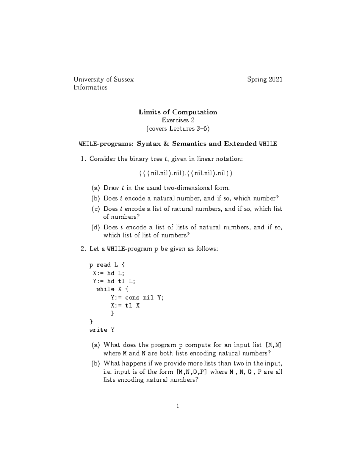 WHILE-programs: Syntax & Semantics and Extended WHILE - Questions ...