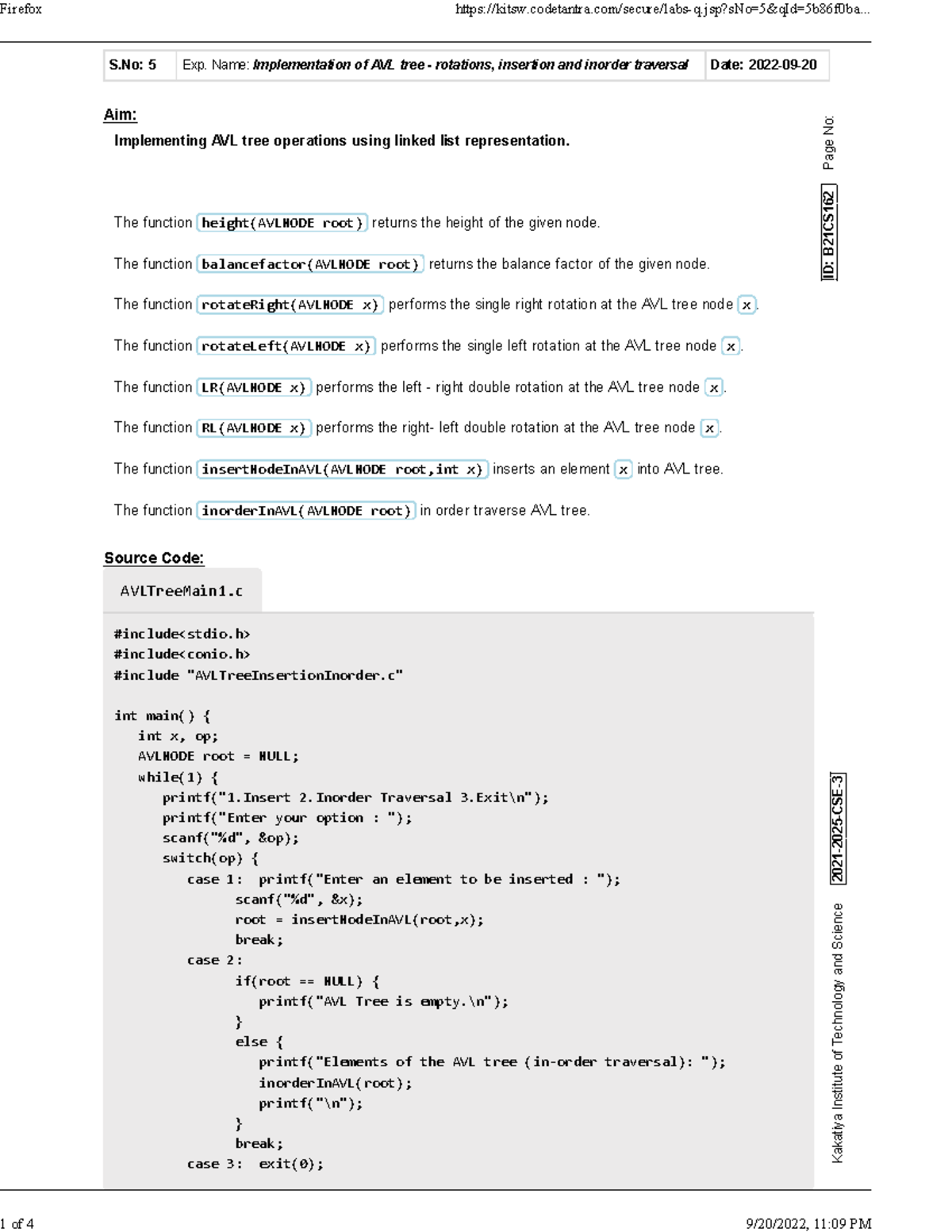 Labs-4 p-1 - Lab - S: 5 Exp. Name: Implementation of AVL tree ...