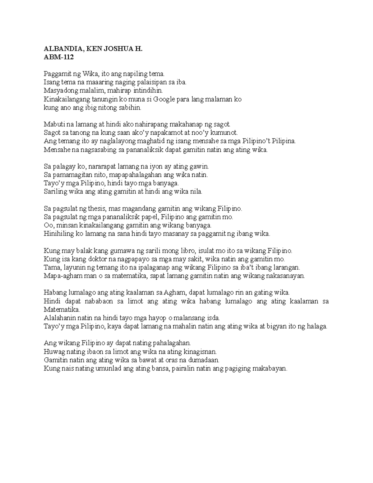 Spoken Poetry- FIlipino - ALBANDIA, KEN JOSHUA H. ABM- Paggamit ng Wika ...