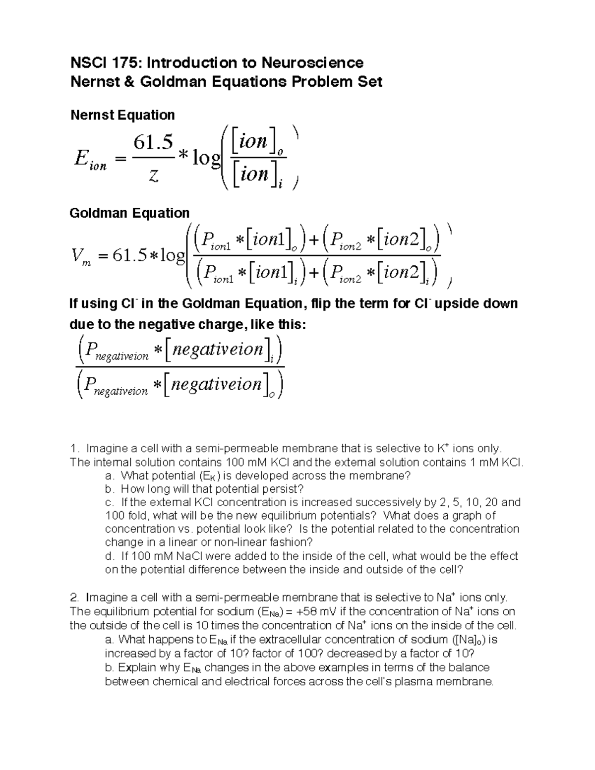 NSCI+175+Nernst Goldman Problem Set - NSCI 175: Introduction to ...