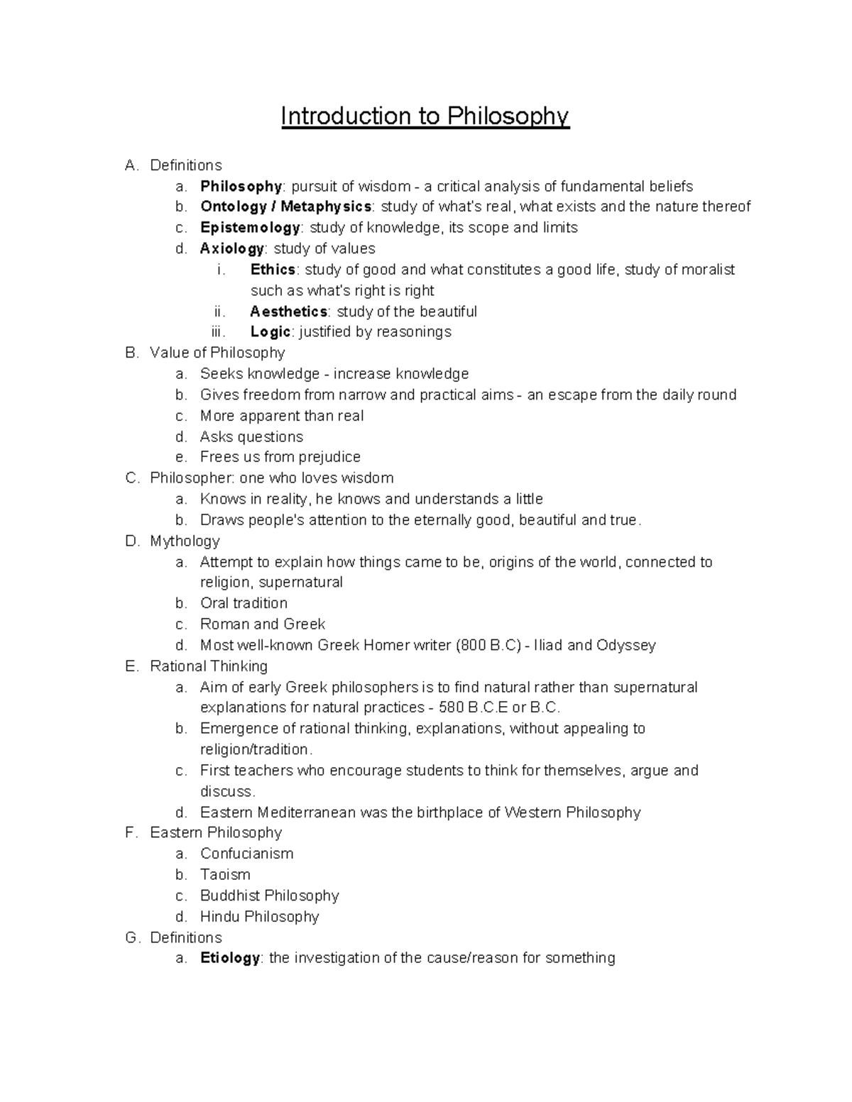 Introduction to Philosophy - Definitions a. pursuit of wisdom a ...