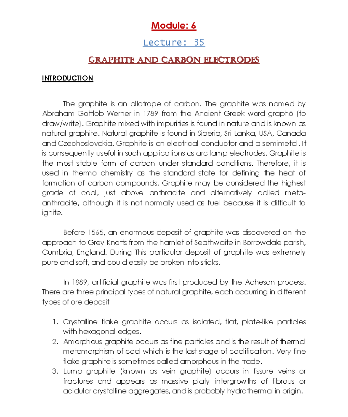 Lecture 35 Graphite and carbon electrode - Module: 6 Lecture: 35 ...