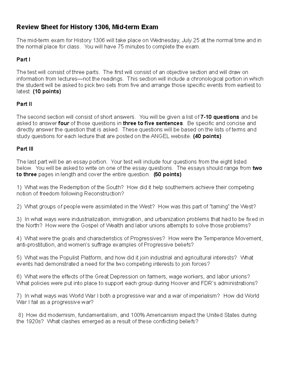 Review Sheet for Midterm - Review Sheet for History 1306, Exam The exam ...