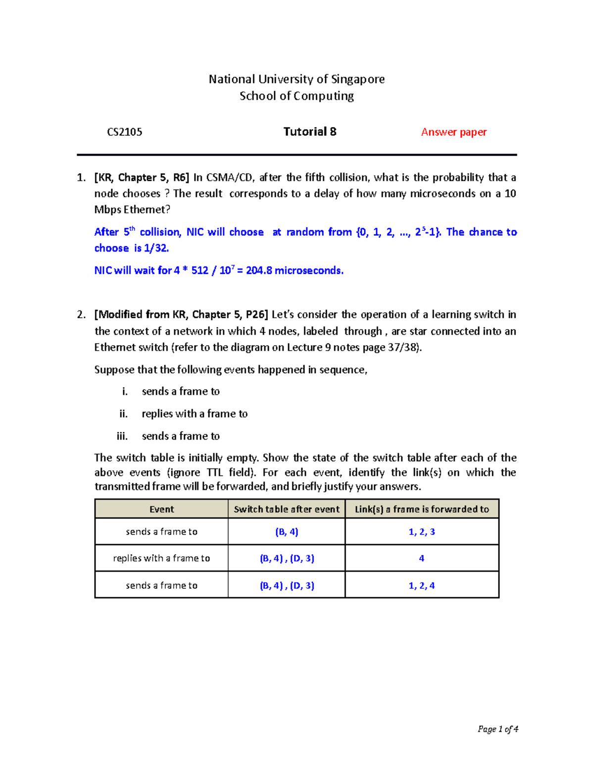 Tutorial 8 ans - answers to t8 cs2105 - National University of Singapore School of Computing ...