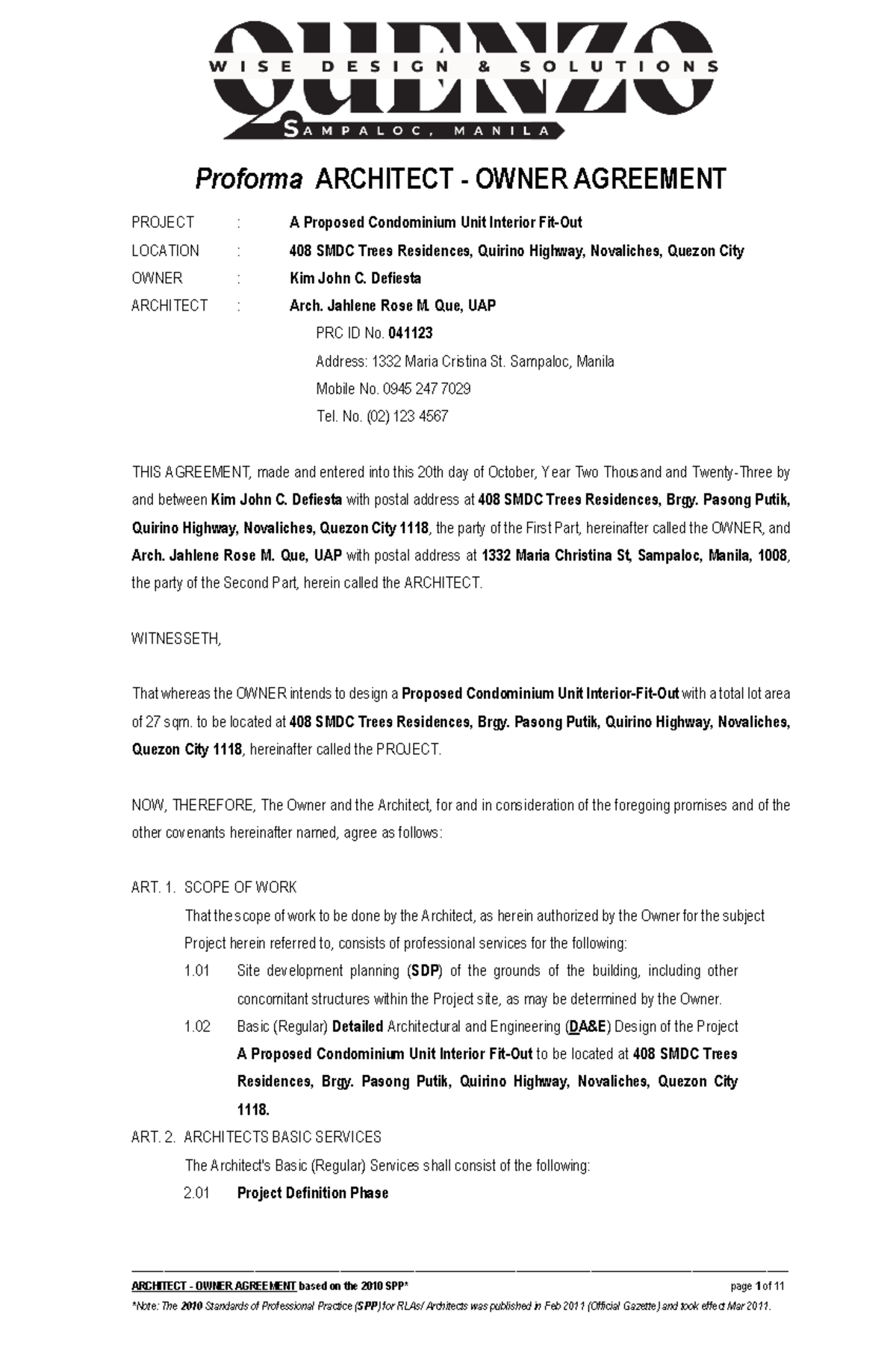 Owner-Architect-Agreement QUE - ARCHITECT - OWNER AGREEMENT based on ...