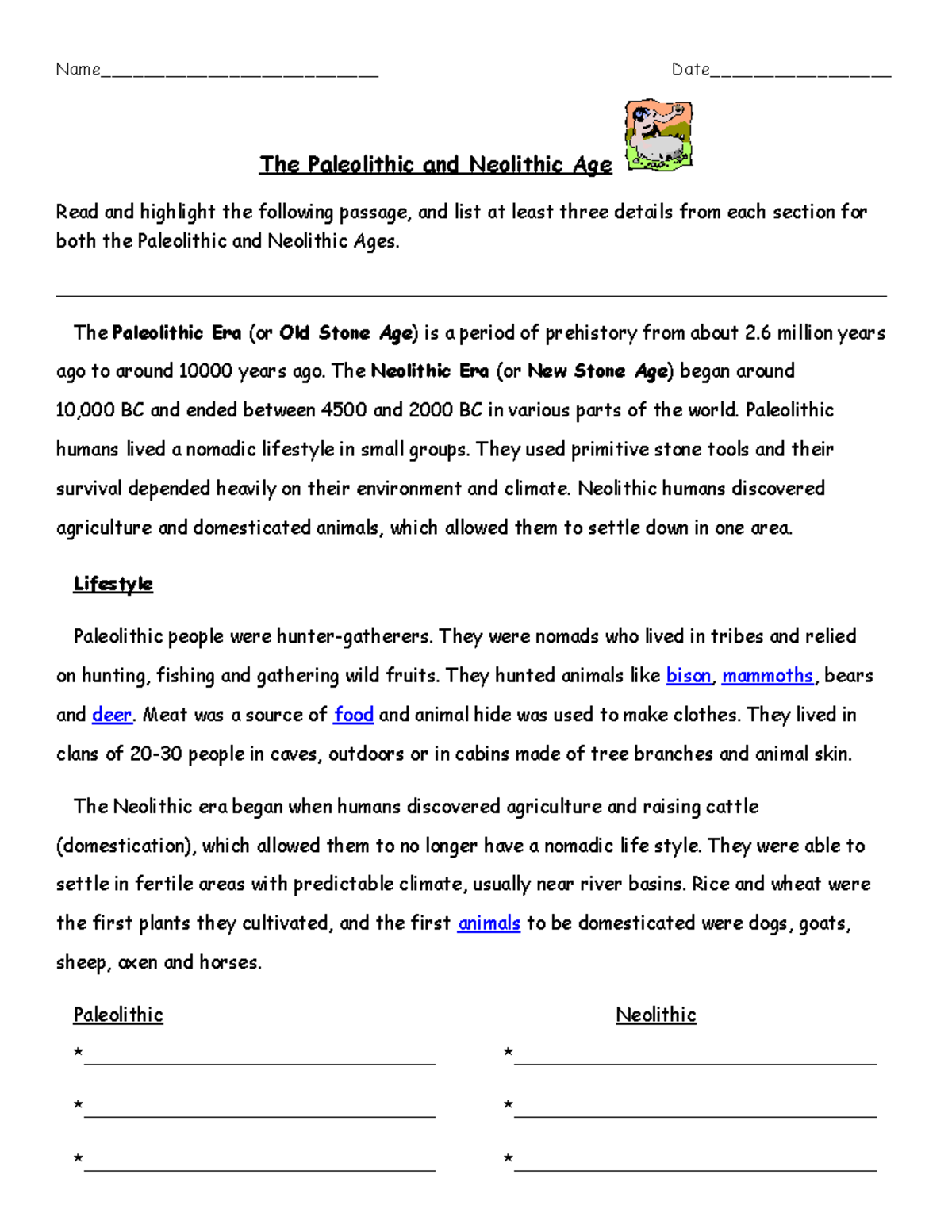 Paleolithic and Neolithic Notes with chart - Name ...