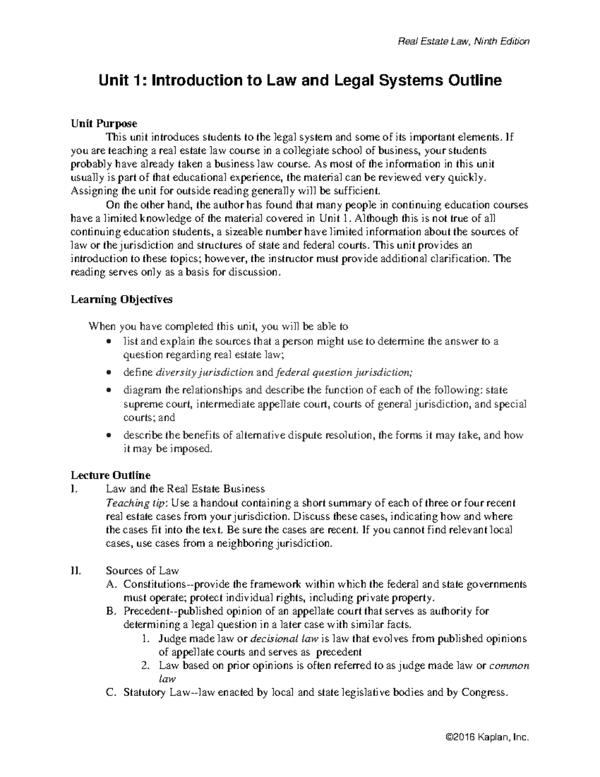 Fin 443 543 Outline - Unit 1: Introduction to Law and Legal Systems ...