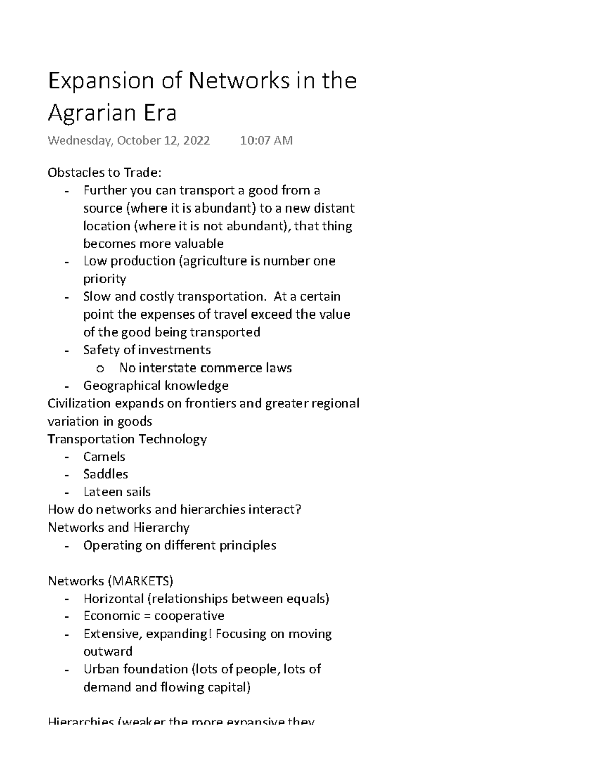 Expansion of Networks in the Agrarian Era - Jon Felt - Obstacles to ...