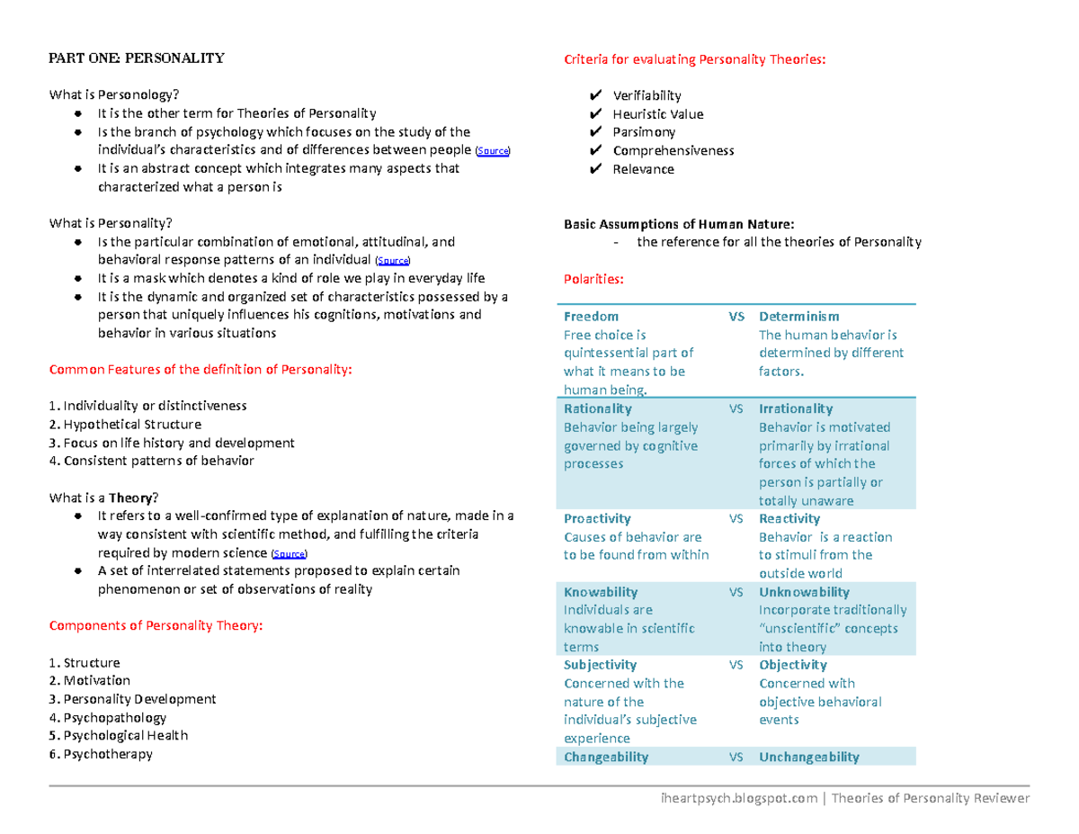 TOP-Reviewer - Theories of Personality - PART ONE: PERSONALITY What is ...