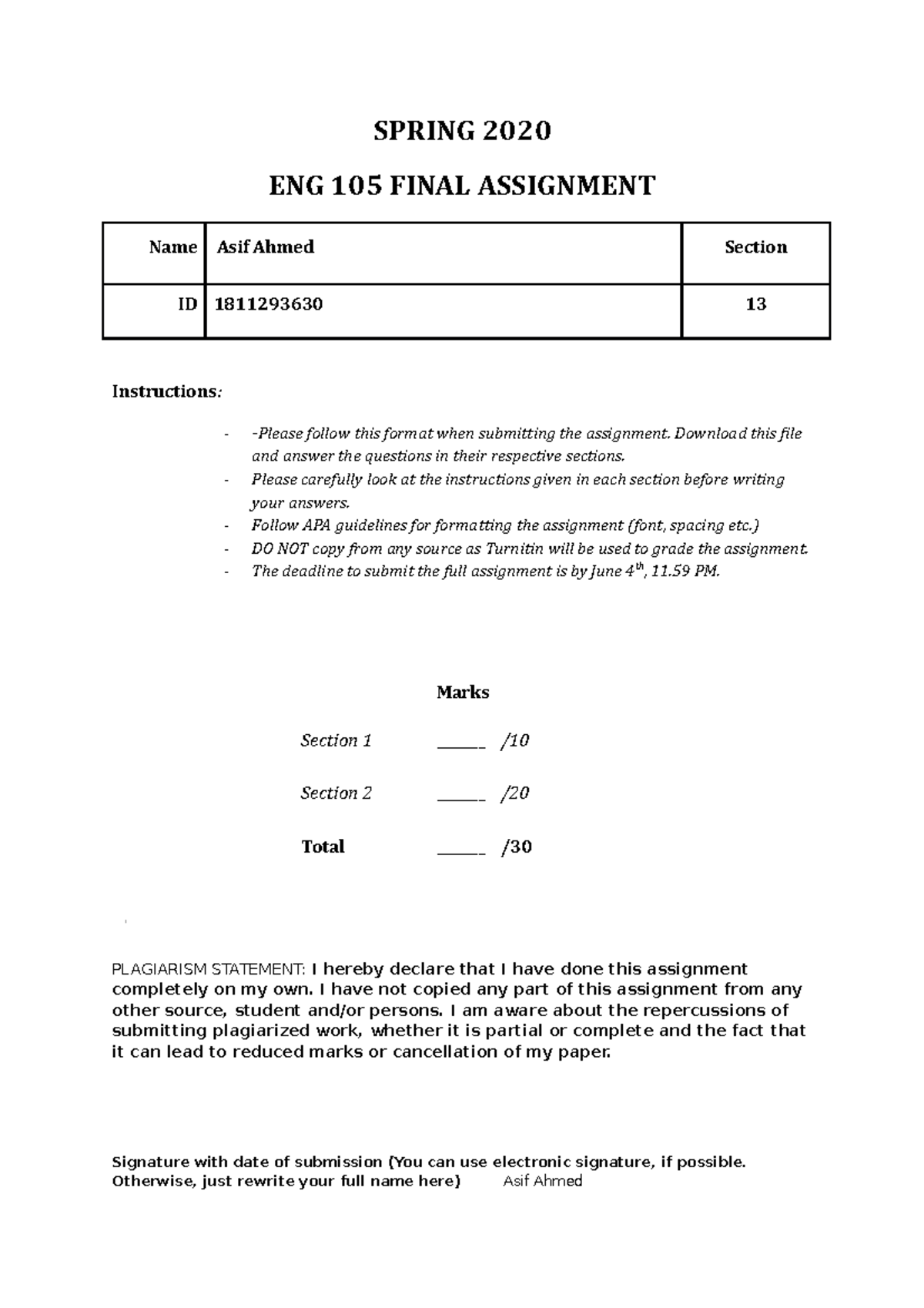 ENG 105 Final Assignment - SPRING 2020 ENG 105 FINAL ASSIGNMENT Name Asif Ahmed Section ID - Studocu