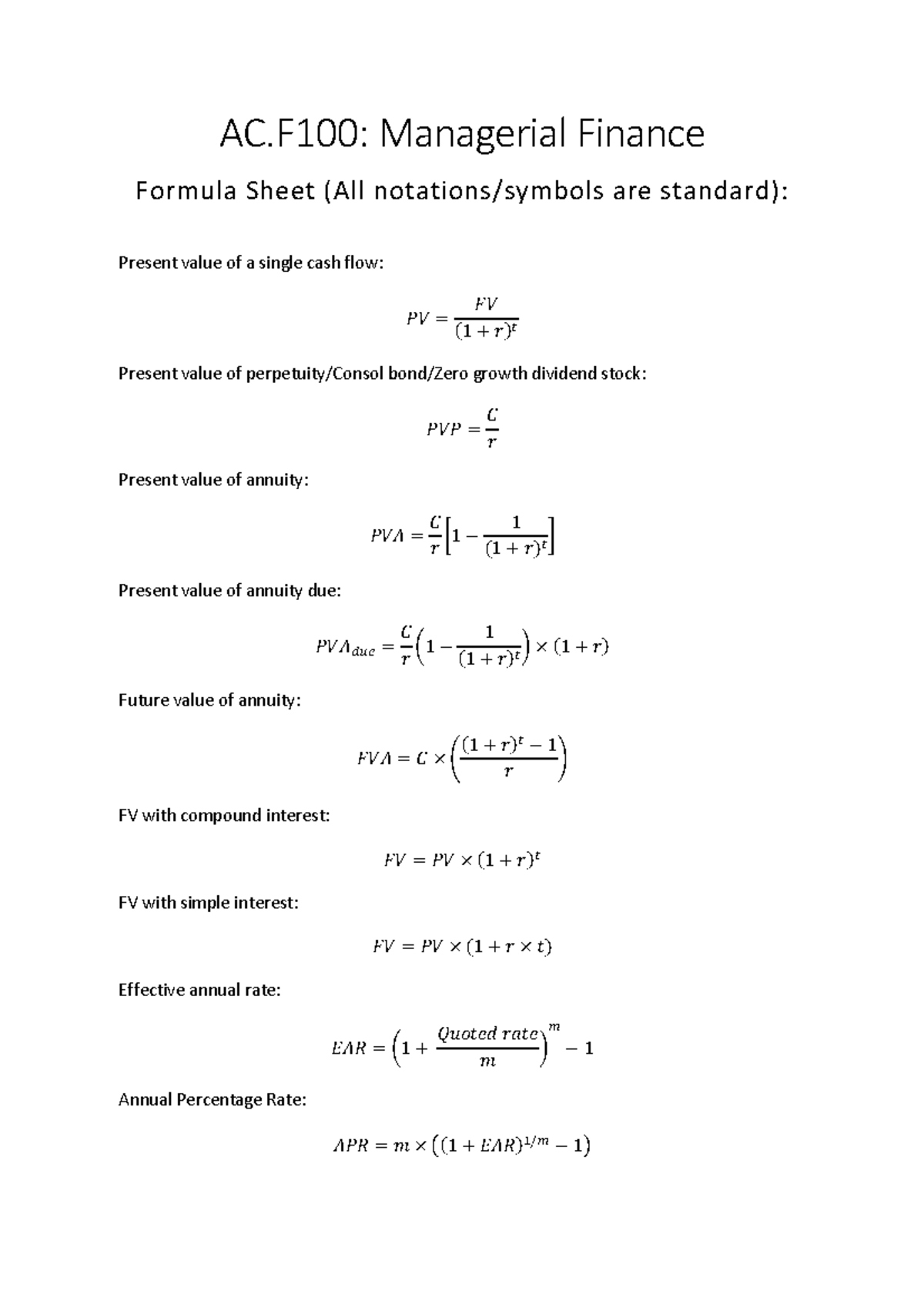 AC F100 Week 20 Formula Sheet Jn Jenfjnejn AC 100 Managerial