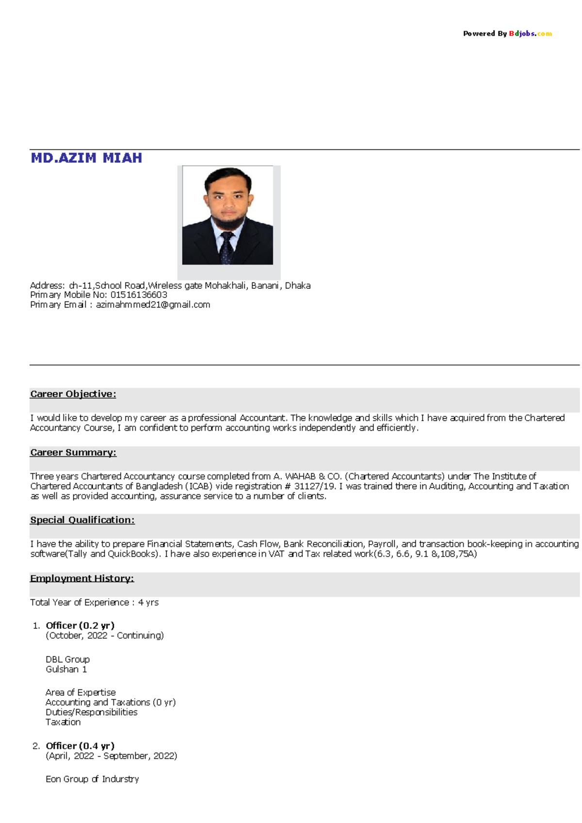 Md Azim Miah- CV - Powered By Bdjobs MD MIAH Address: ch-11,School Road ...