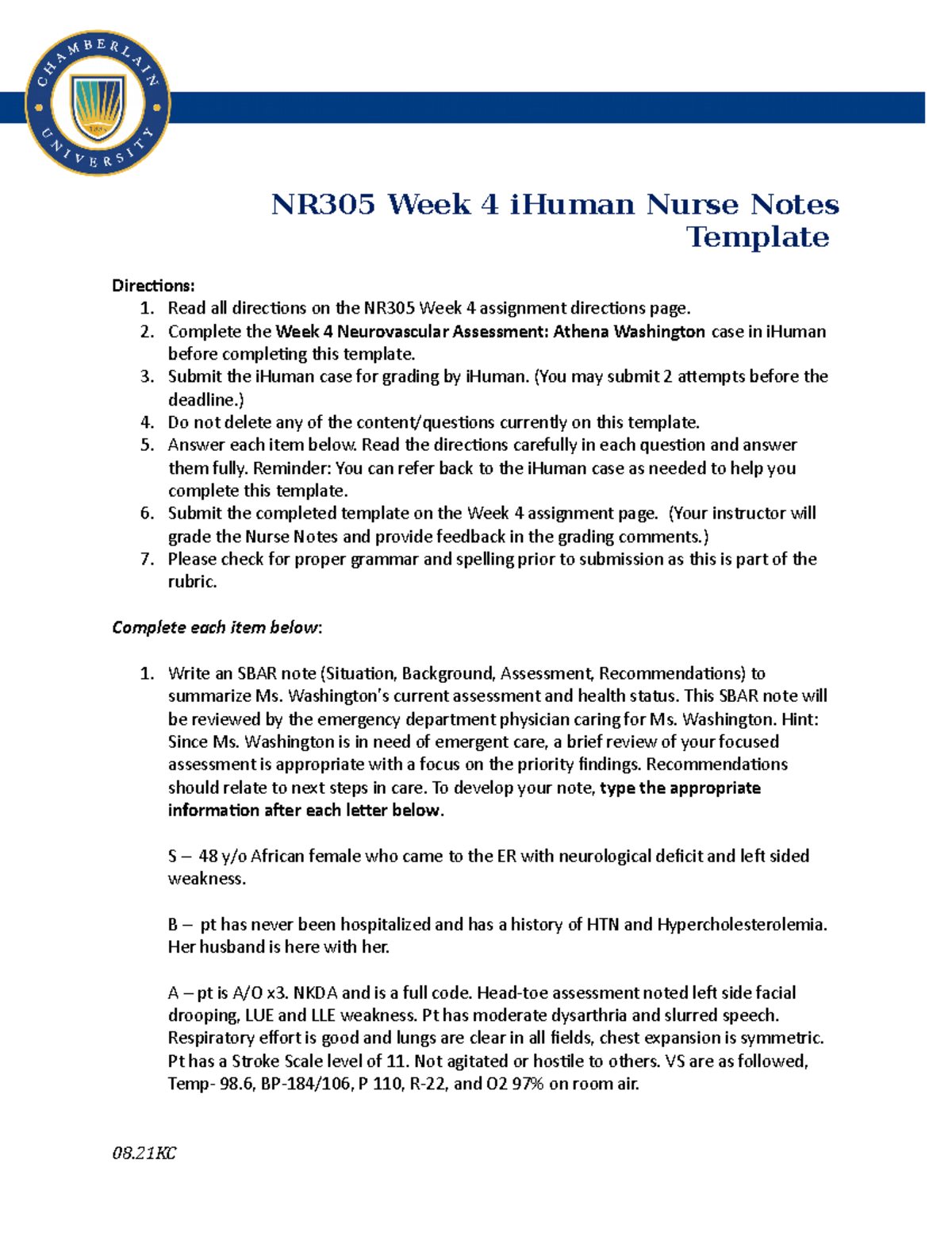 NR305 Ihuman week 4 - NR305 Week 4 iHuman Nurse Notes Template ...