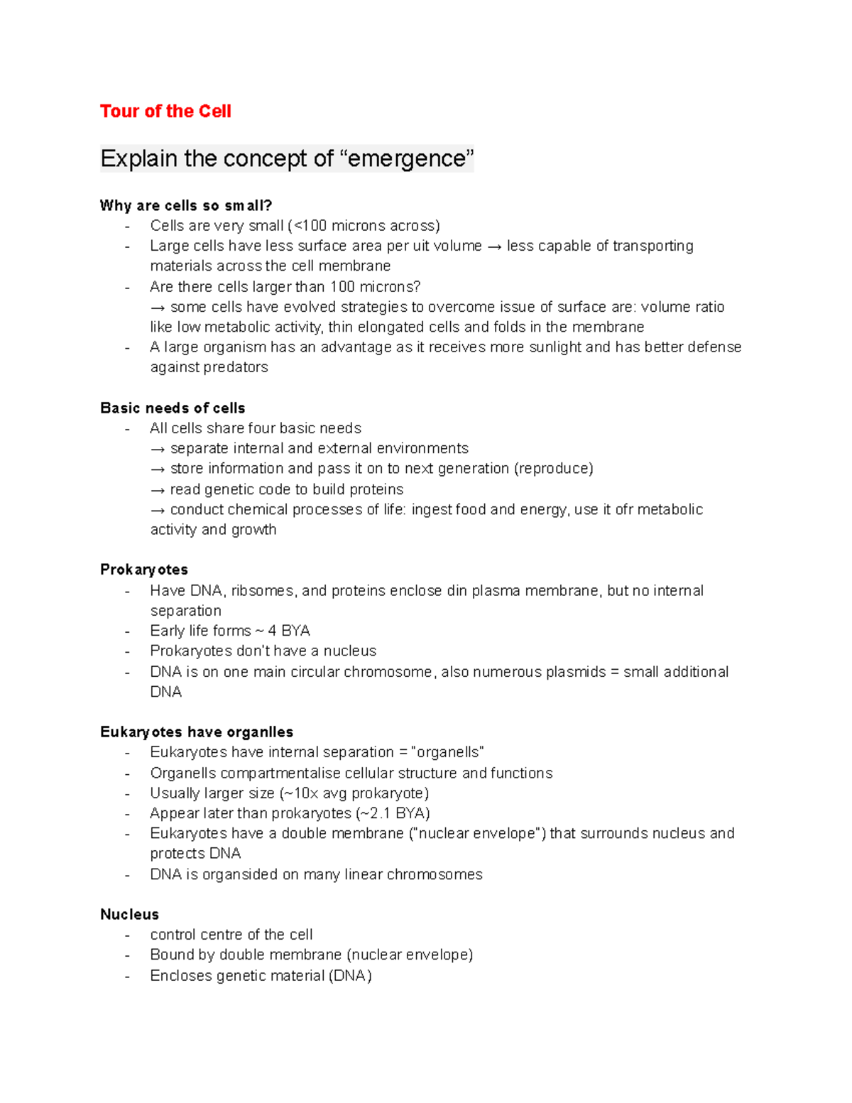 Week 2 - bio sys - notes - Tour of the Cell Explain the concept of ...