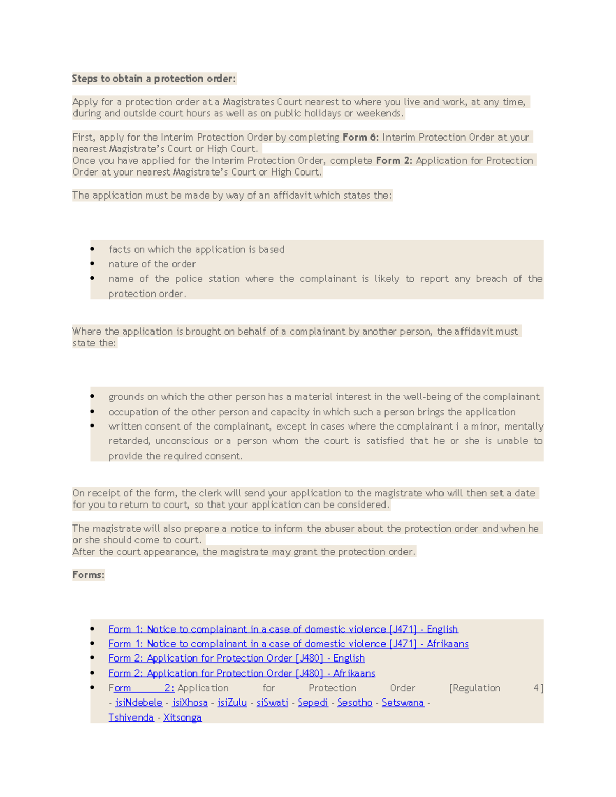 Steps to obtain a protection order after domestic violence - LAWS4CP ...