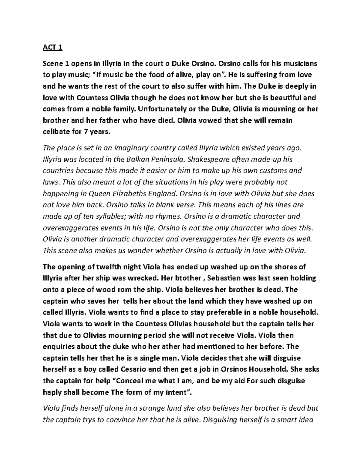 ACT 1 Twelfth Night Notes on the Scenes - 939Q3B - Sussex - Studocu