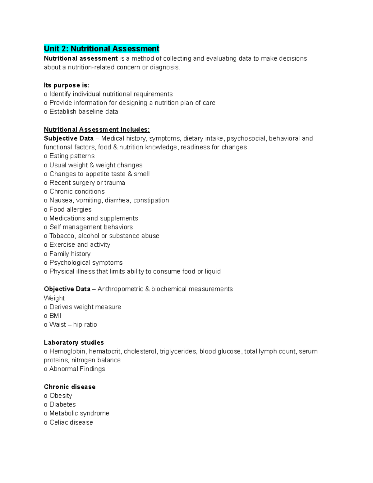 Unit 2 - Nutrition Assessment HEAS1000 - Unit 2: Nutritional Assessment ...